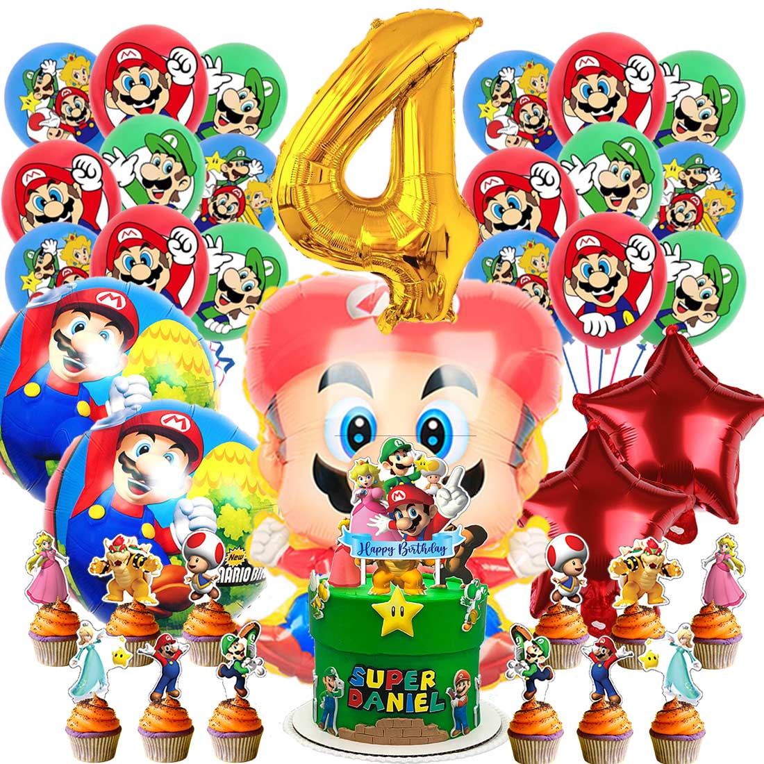 Mario Party Supplies 4th Decor Kit Balloons Birthday Cake Topper ...