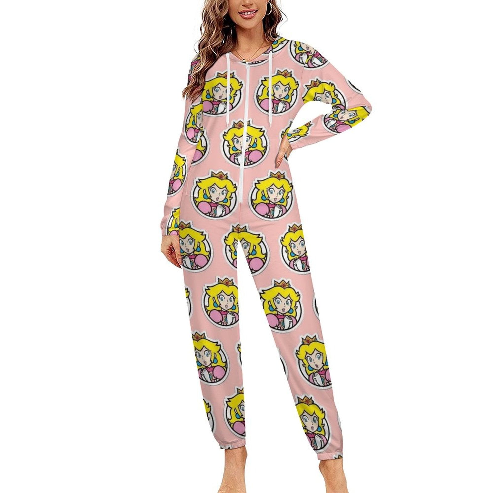 Mario Princess Peach Hood zipper one-piece pajamas for women S ...