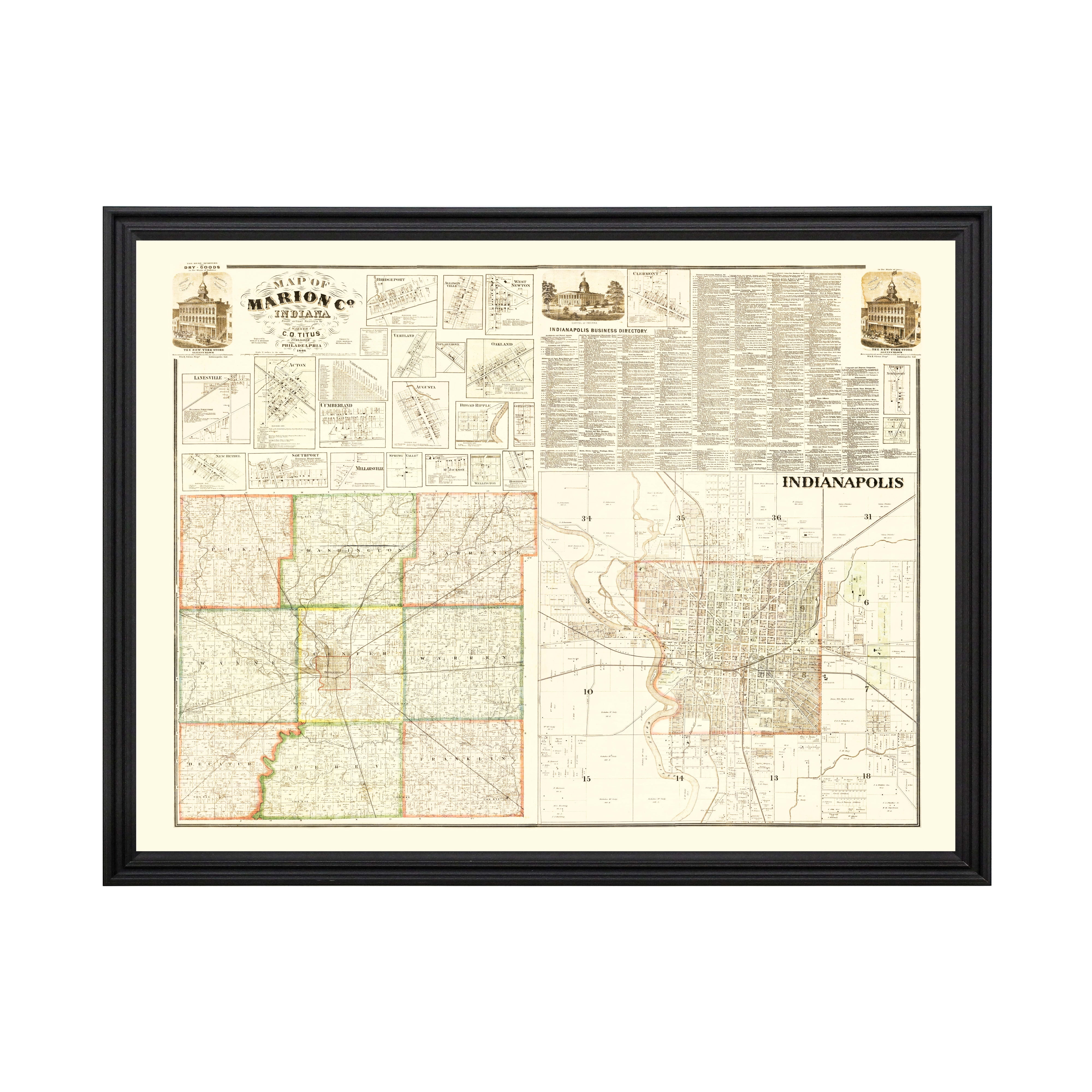 Marion County Indiana Art, 1866 Vintage Map of Marion County IN History ...