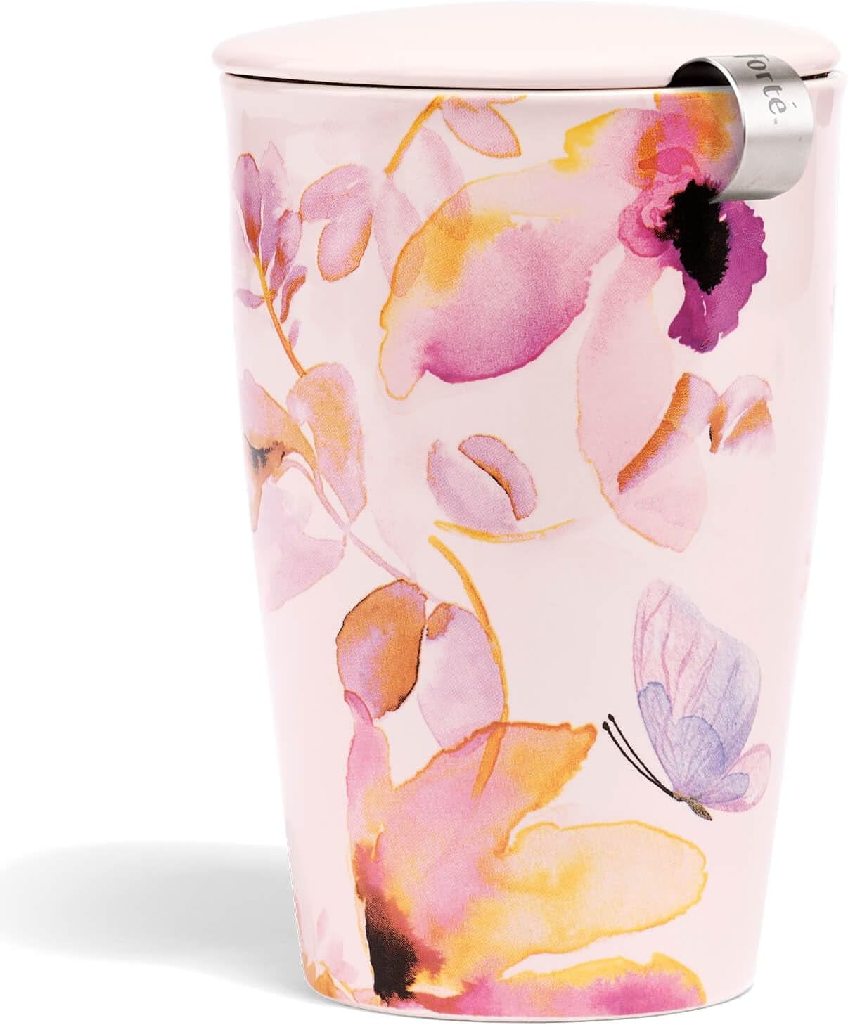 Mariposa Double-Walled Ceramic Kati Cup with Removable Stainless Steel Infuser Basket and Lid ...