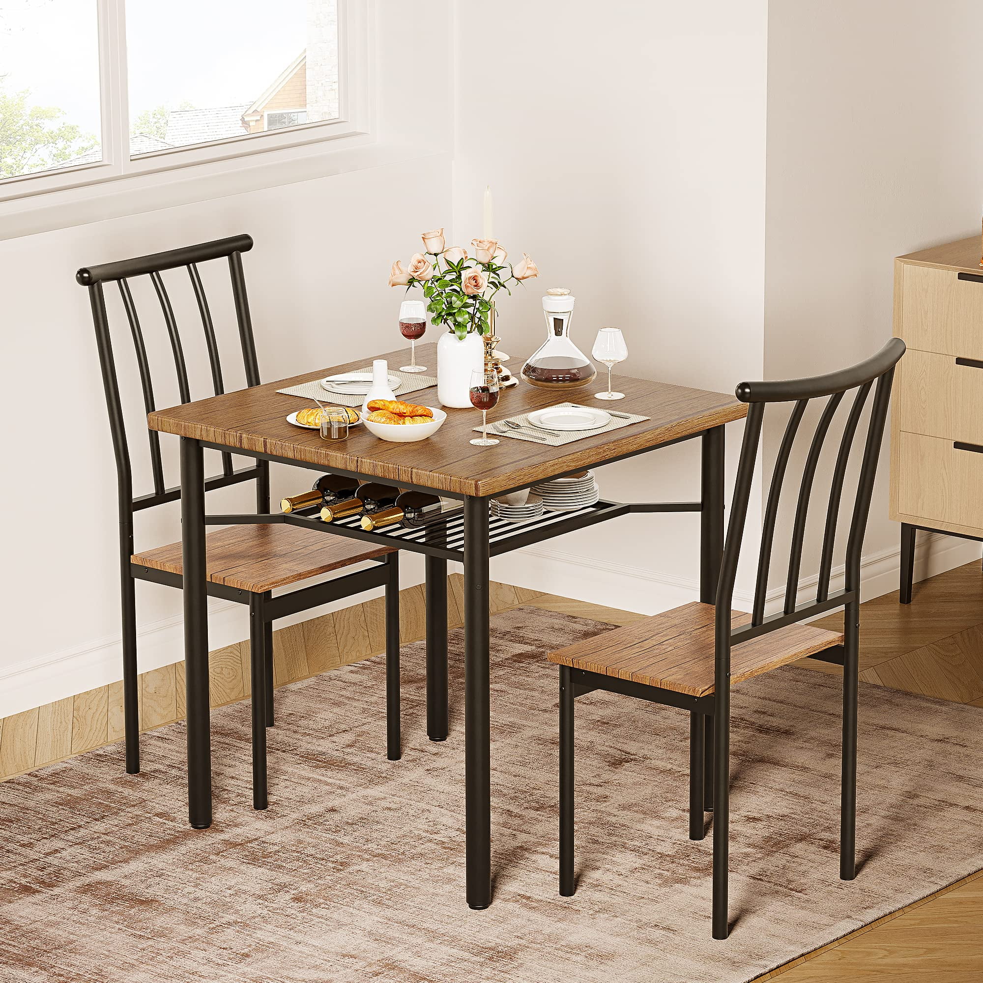 Maritcute 2 Person Dining Room Table Set - Wood and Metal Chairs, Space ...