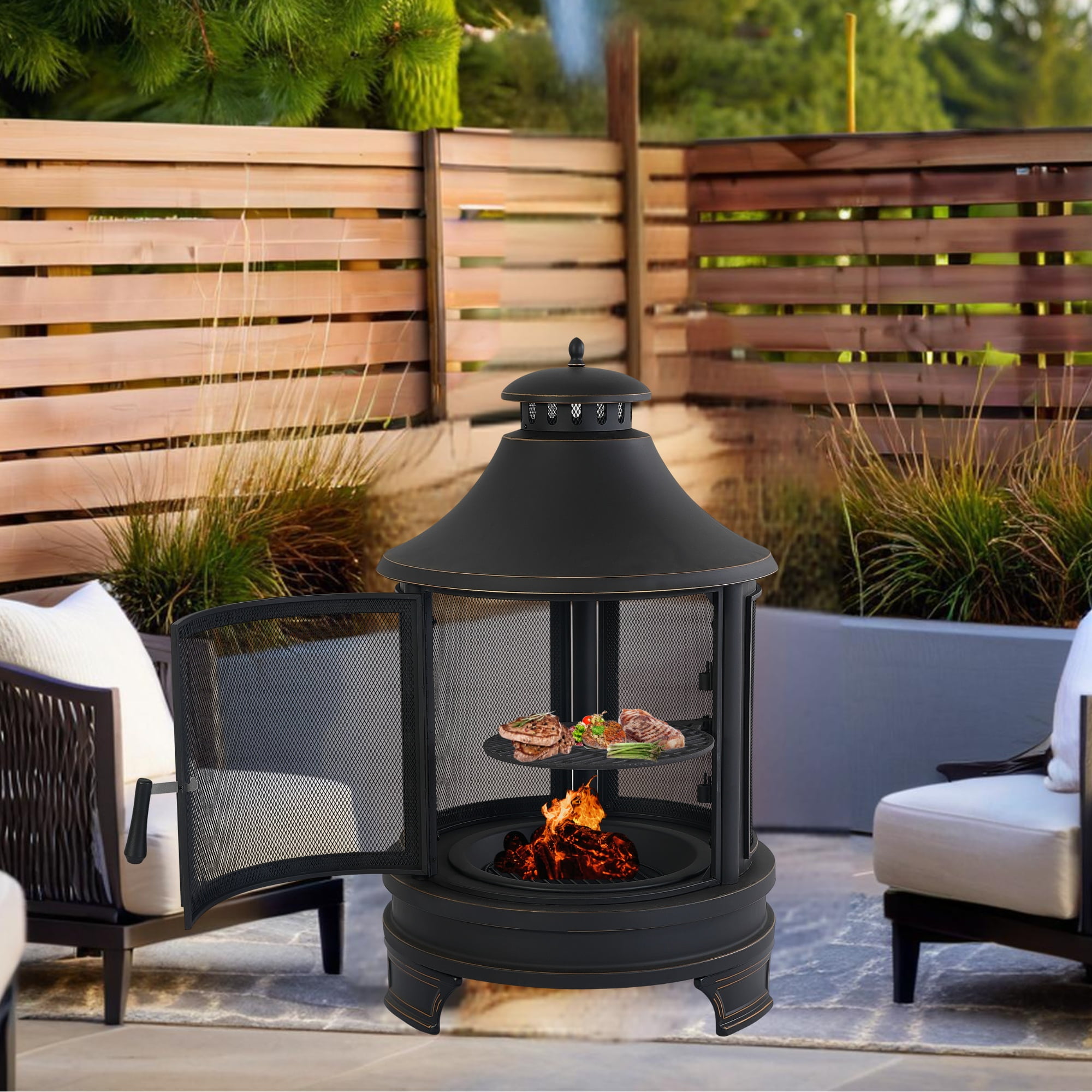 Maritcute 2-in-1 Metal Chiminea - Outdoor Fire Pit with Adjustable ...