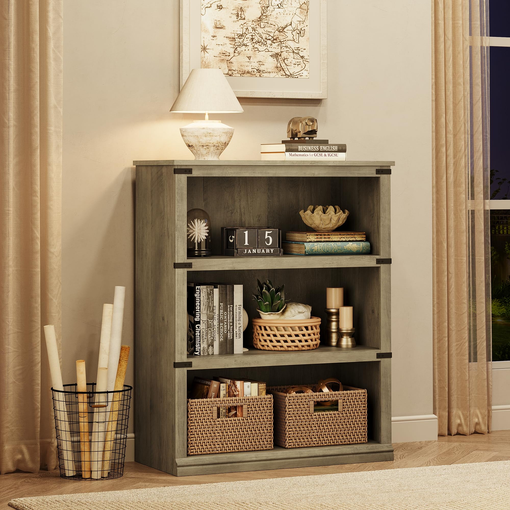 Maritcute 40 Inch Tall 3 Tier Bookcase - Farmhouse Style Cherry Wood ...