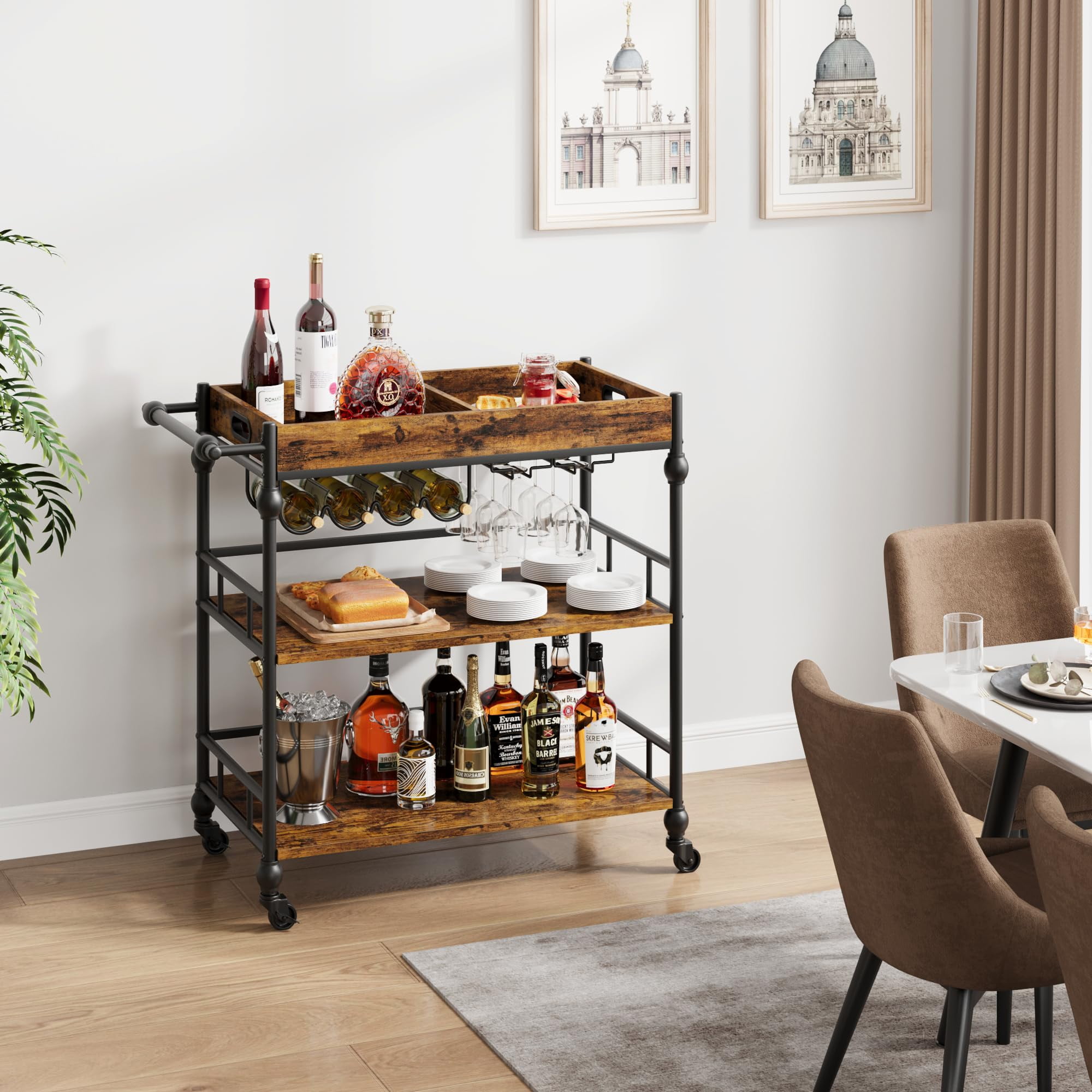 Maritcute Bar Cart, Bar Carts for The Home, 3 Tier Bar Cart with Wheels ...