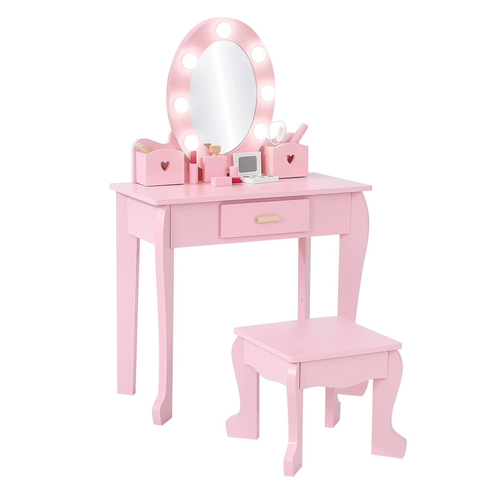 Maritcute Pink Kids Vanity Set - Wood Makeup Table with Mirror, Drawer ...