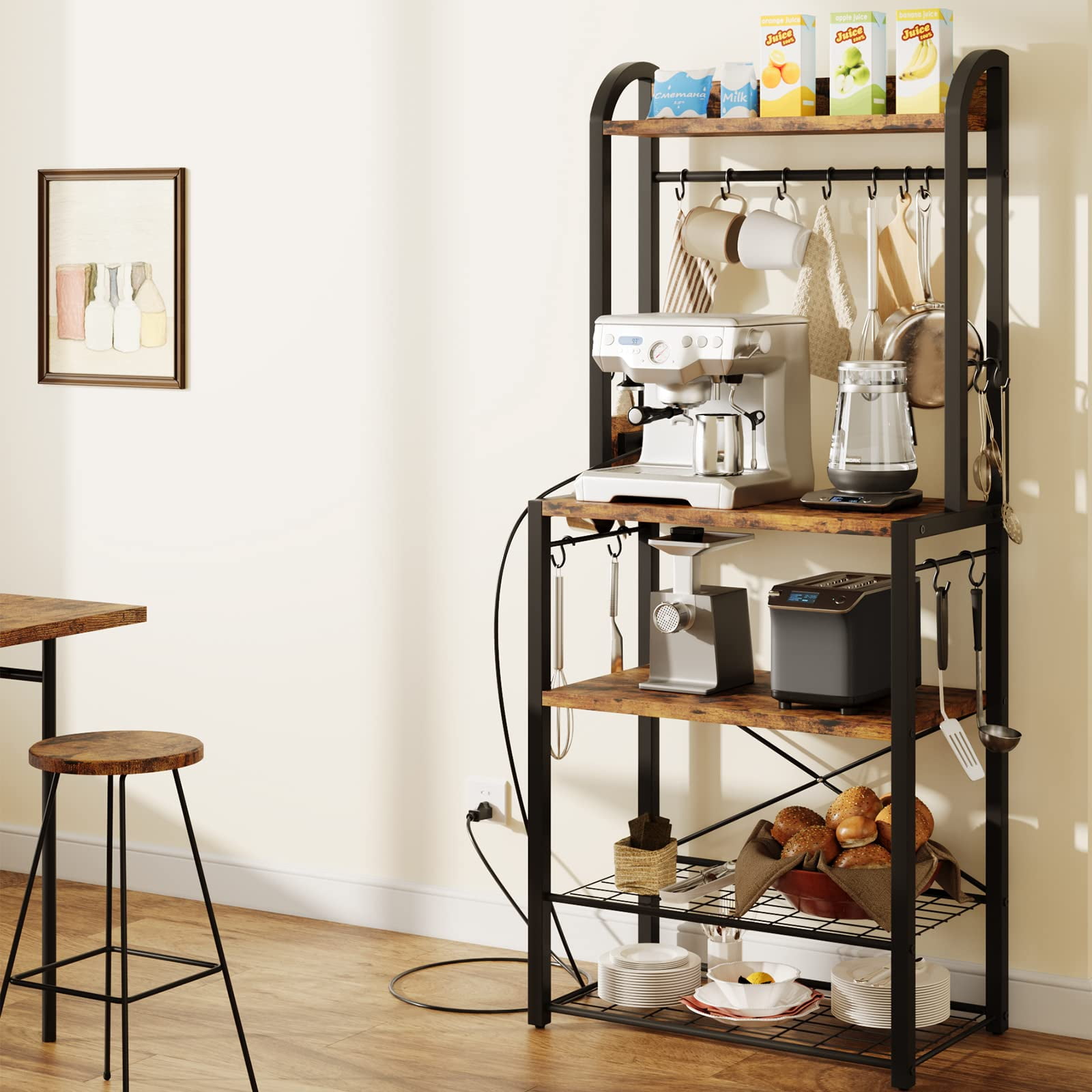 Maritcute Rustic Brown Baker's Rack with Power Outlet, 8 Hooks, and ...