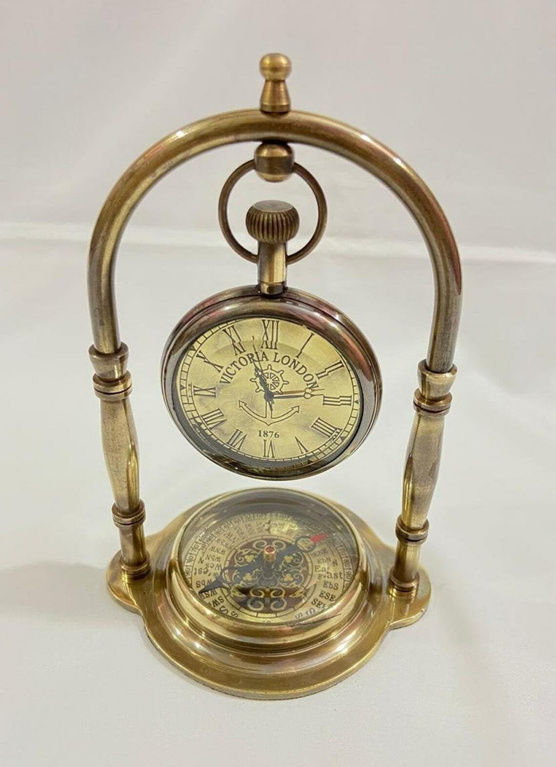 Maritime Compass Base Nautical Table Clock Antique Brass Hanging Desk ...