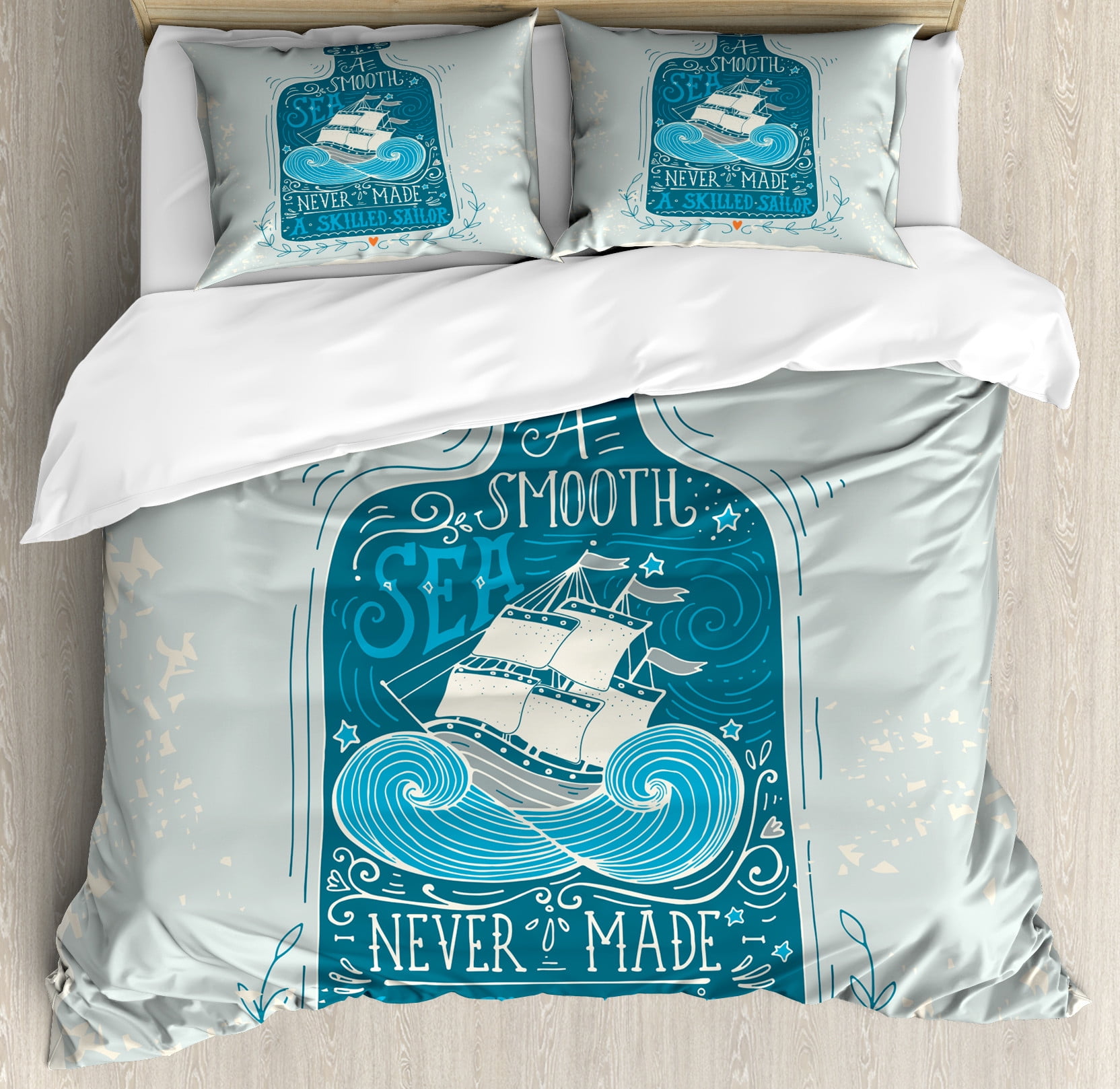 Maritime Duvet Cover Set, Creative Design Bottle with Ship and Text ...