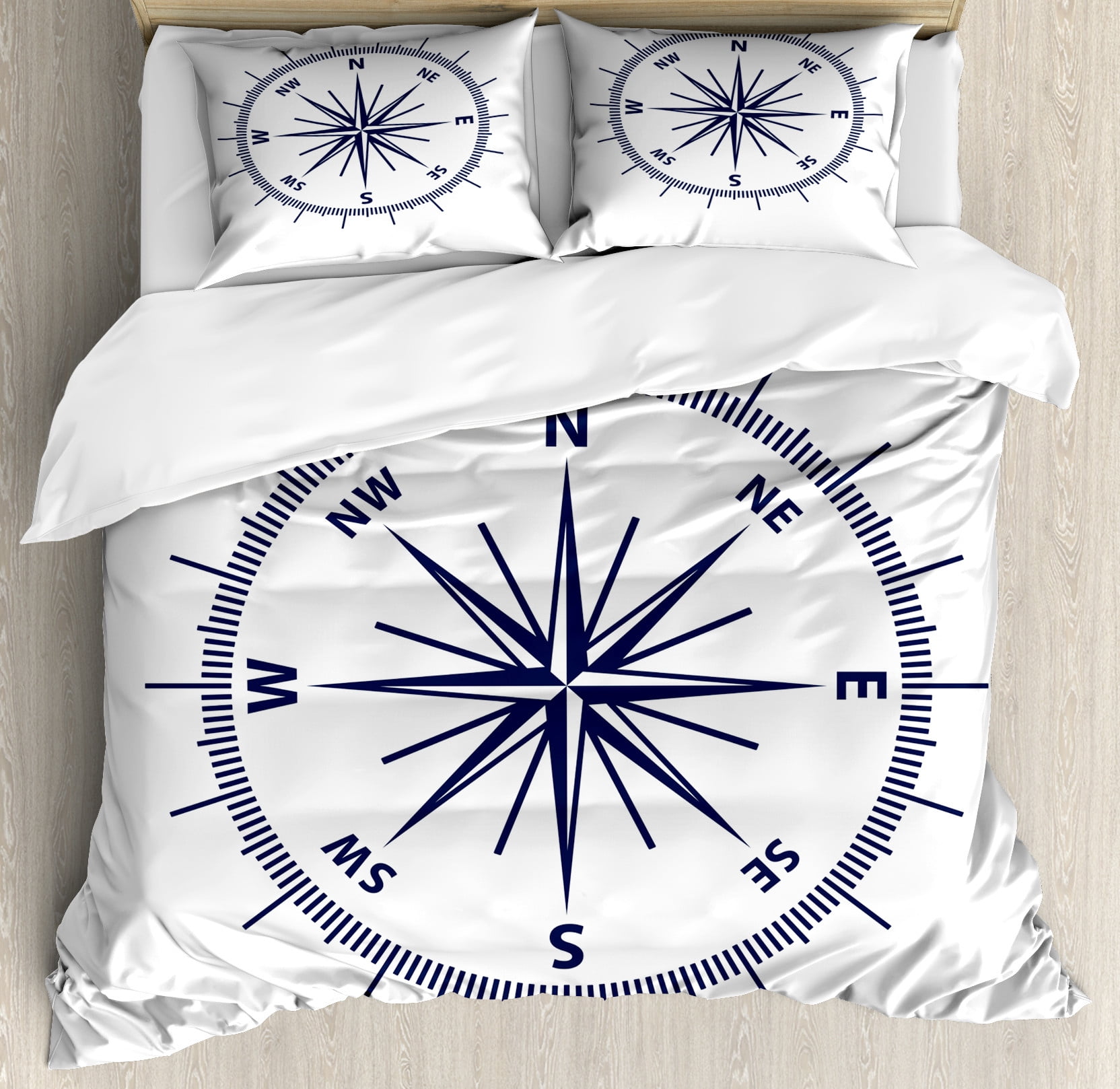 Maritime Duvet Cover Set, Monochromatic Design of Windrose Compass ...