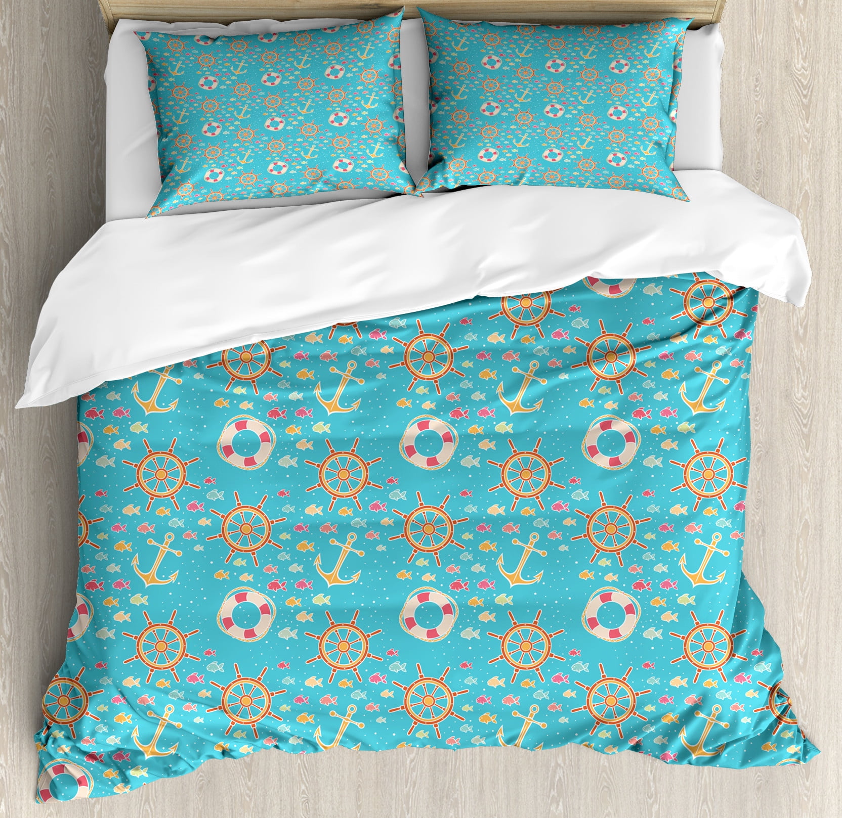 Maritime Duvet Cover Set, Nautical Marine Themed Anchor Cartoon Fishes ...