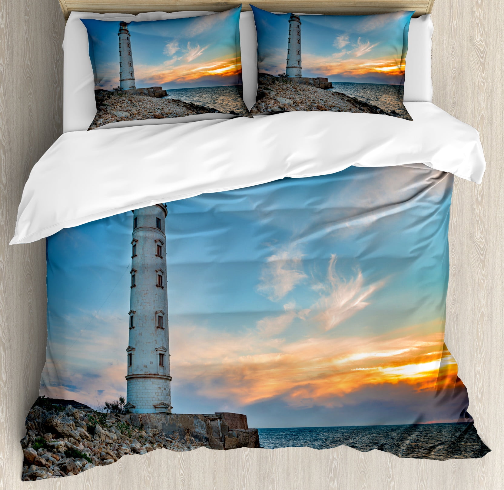 Maritime Duvet Cover Set, Seascape Photo of Lighthouse at Sunset with ...