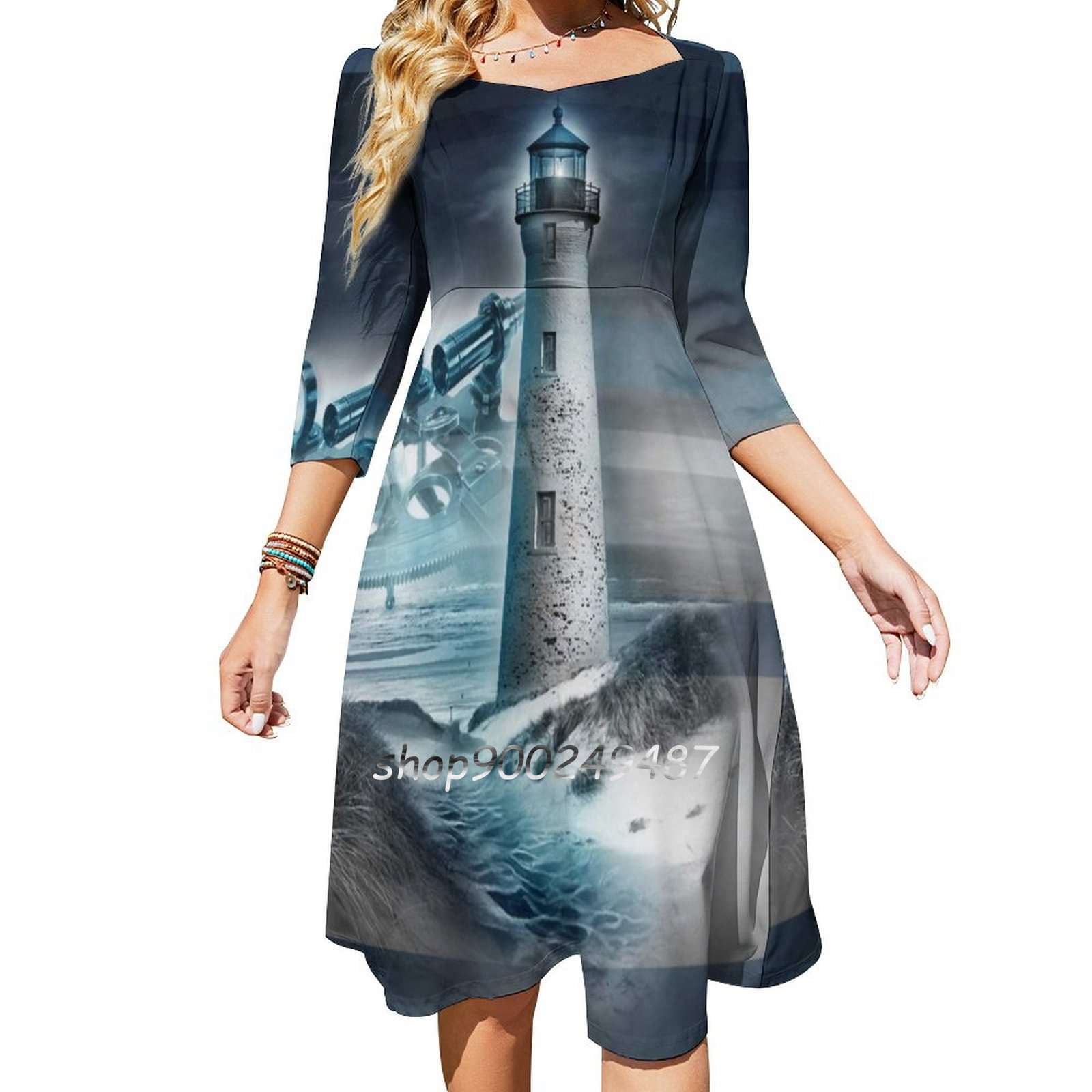 Maritime Tattoo 4.0 Square Neck Dress Cute Loose Print Dresses Elegant Beach Party Dress Tattoo ...