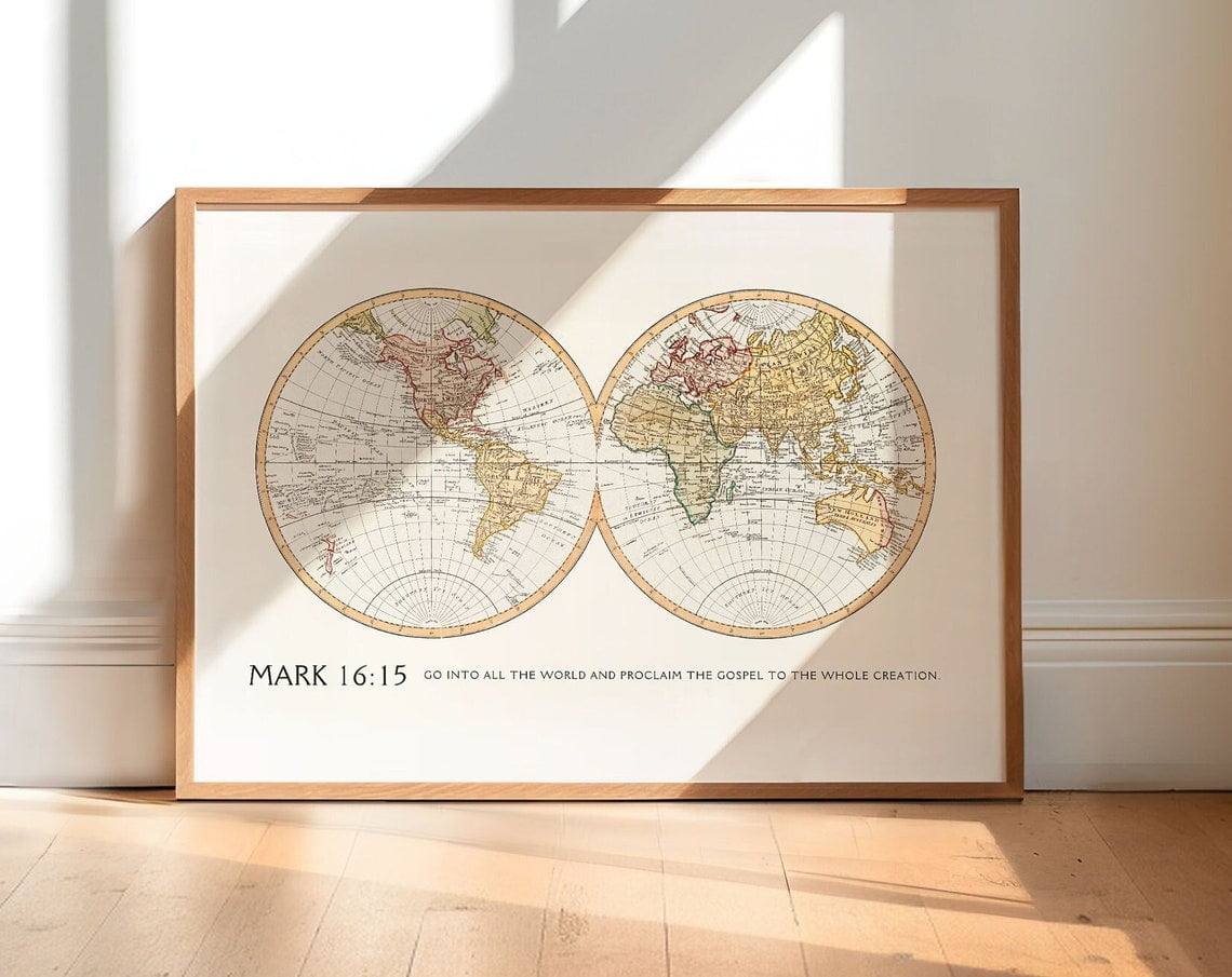 Mark 16:15 Vintage World Map Print, Christian Wall Art, Bible Verse ...