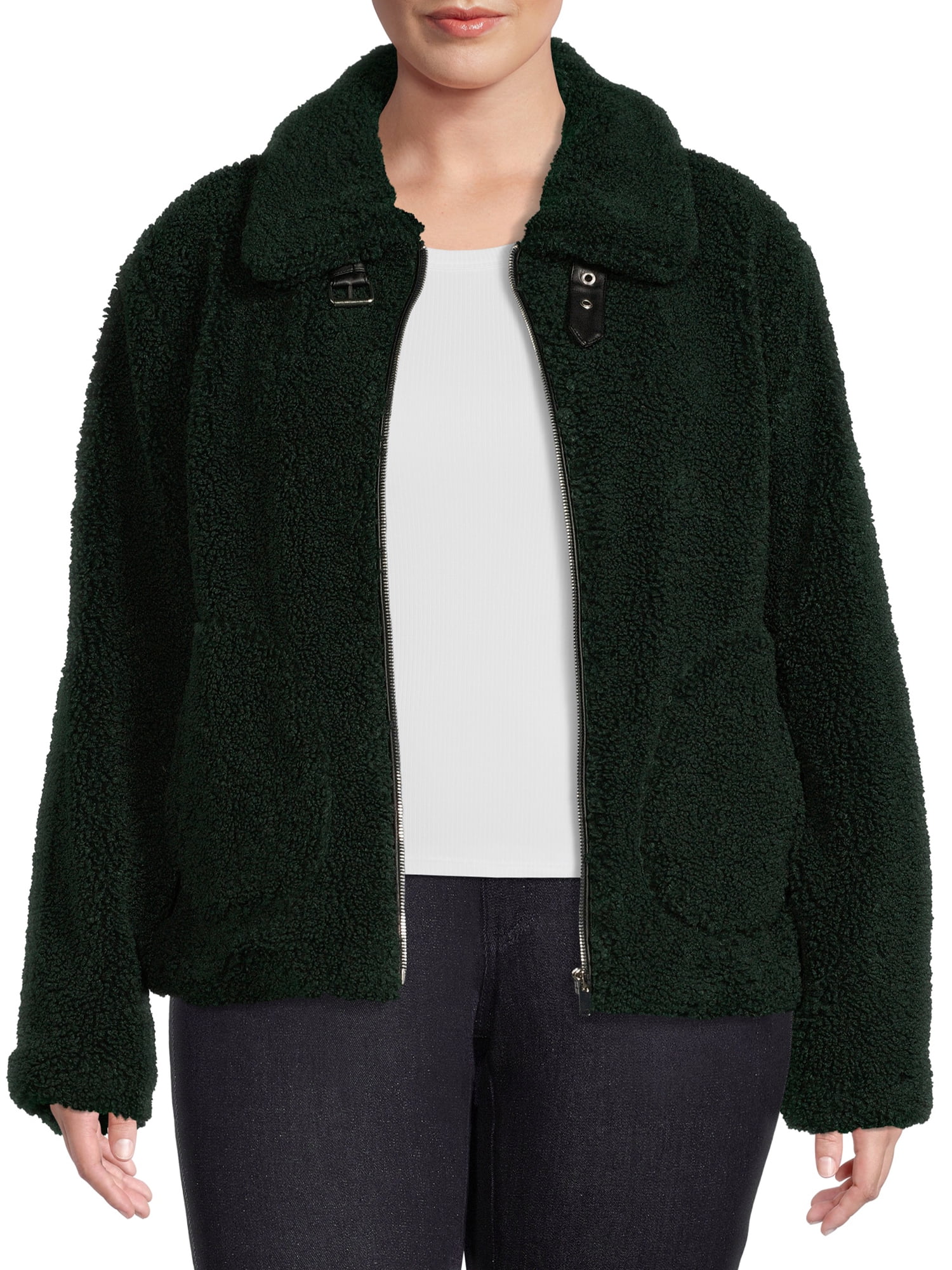 Mark Alan Women's Plus Faux Sherpa Zip Jacket with Pockets and Collar ...
