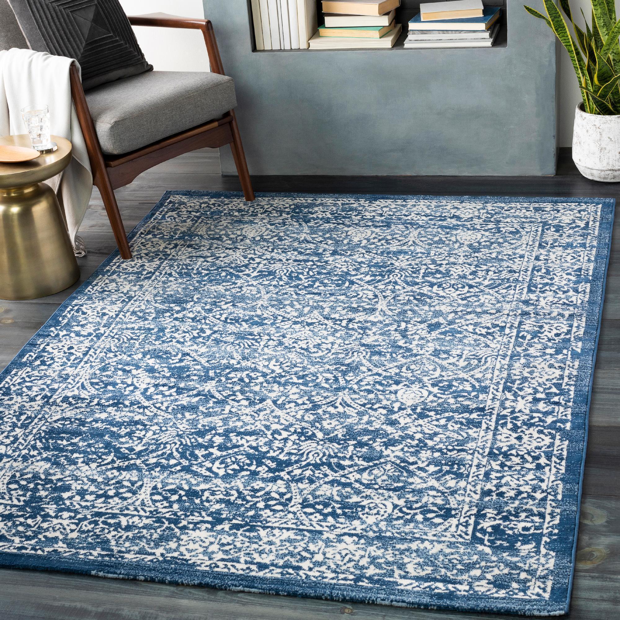 Traditional 5x8 Area Rug (5'3'' x 7'7'') Floral Navy, Cream Living Room ...