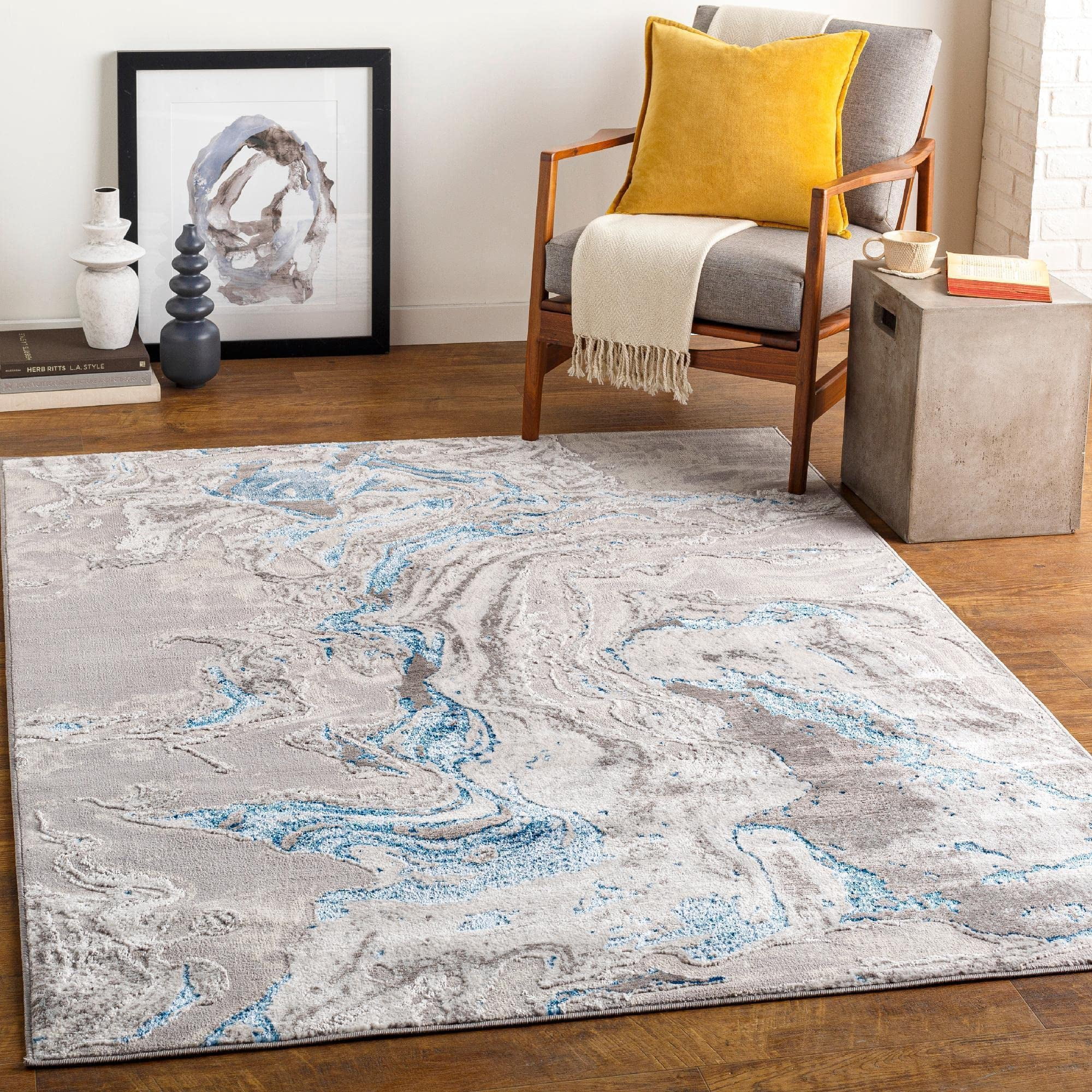 Mark&Day Area Rugs, 5x7 Riel Modern Abstract Marble Dark Blue Area Rug ...
