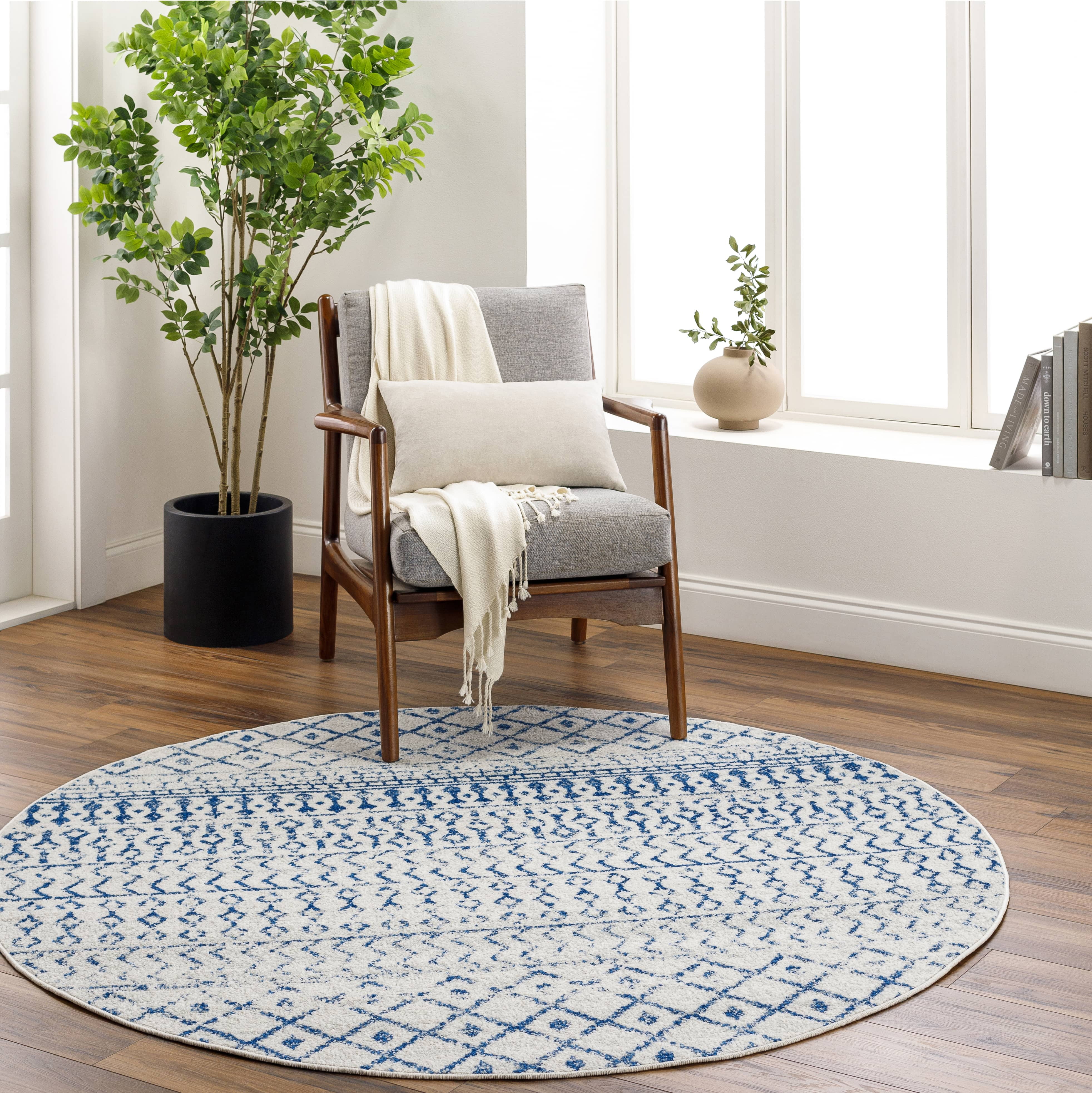 Mark&Day Area Rugs, 8ft Round Louise Global Denim Area Rug, Cream Dark ...