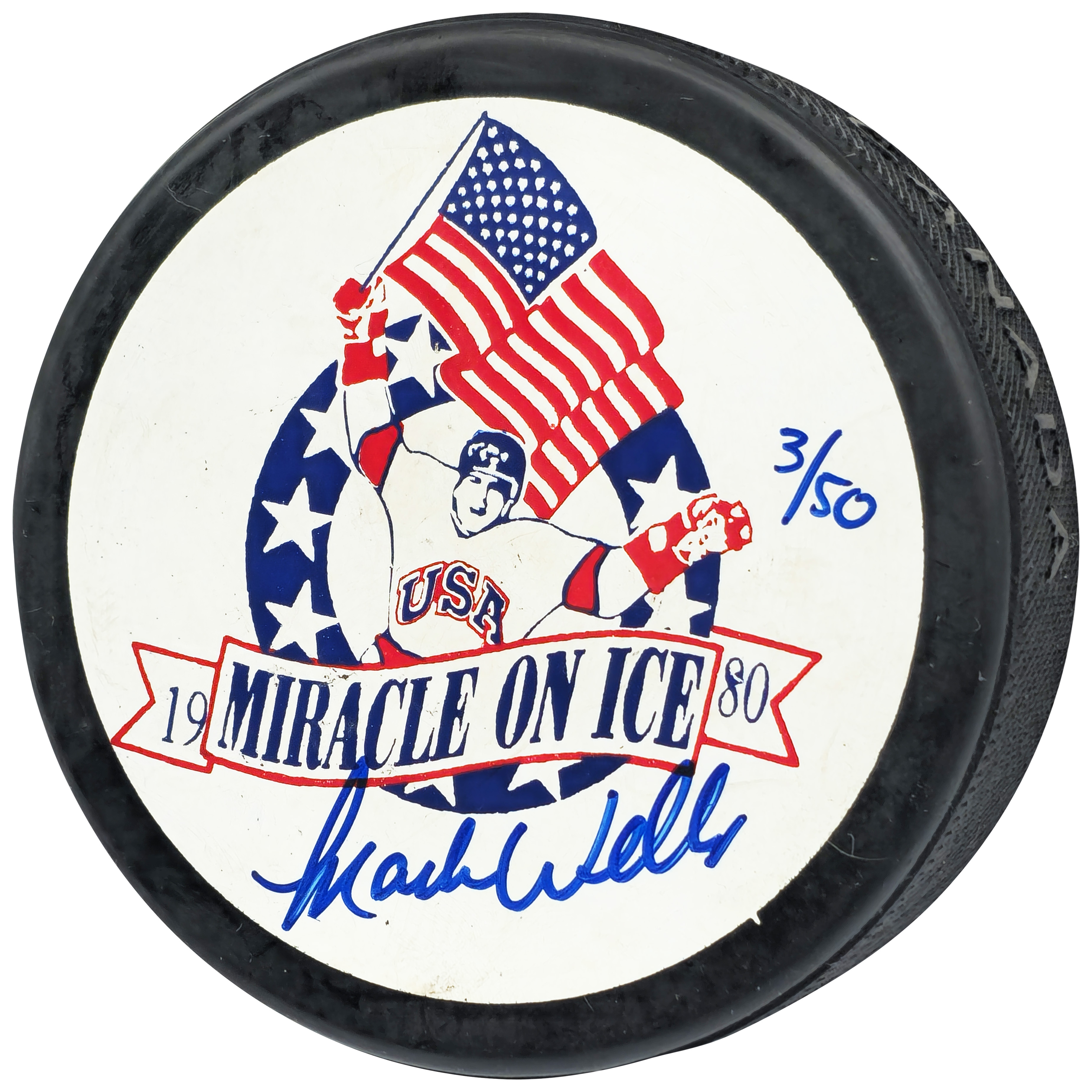Mark Wells Autographed 1980 Miracle on Ice Logo Hockey Puck Team USA #3/50 Beckett BAS QR # ...