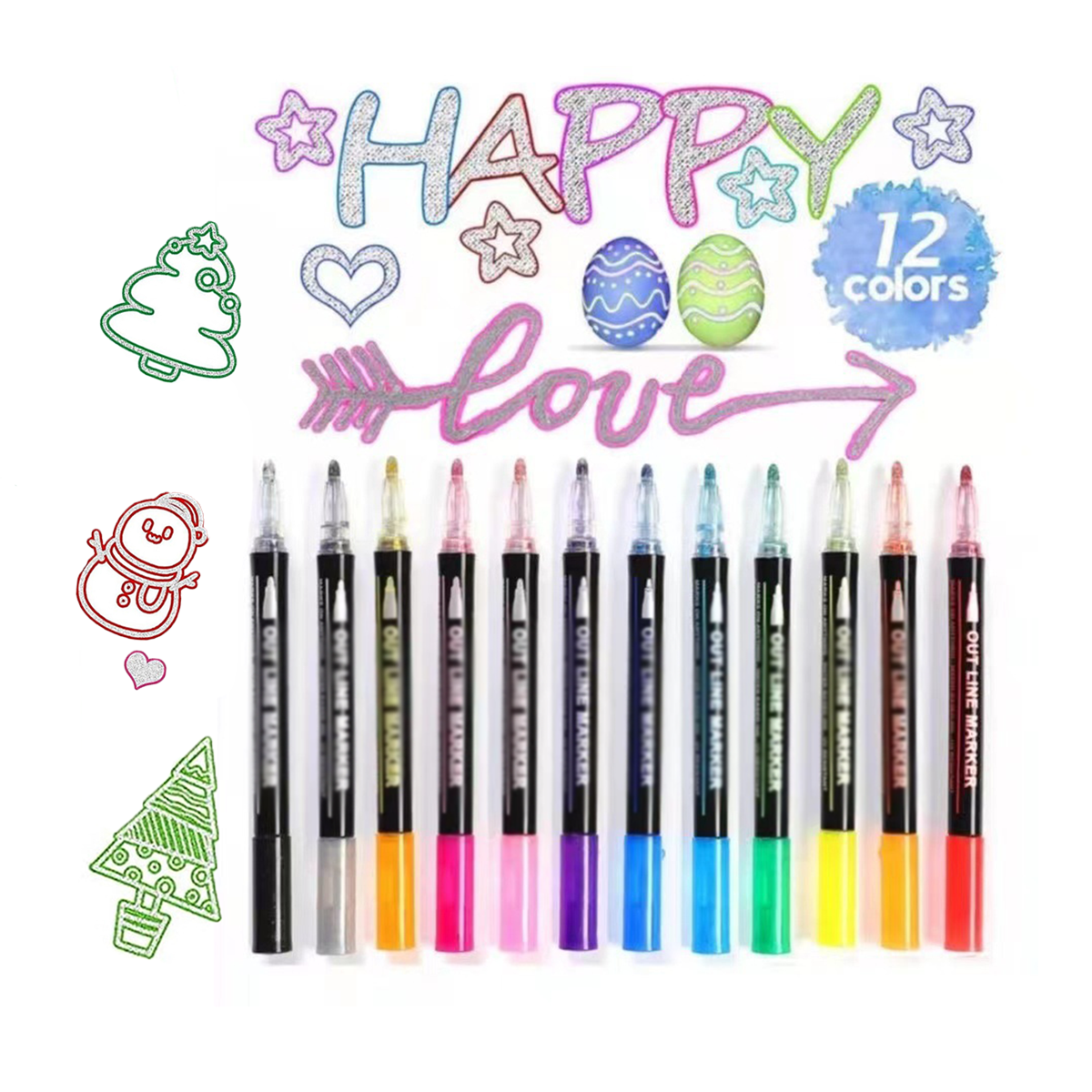 Marker Pen for Highlight, 12 Colors Super Squiggles Shimmer Outline ...