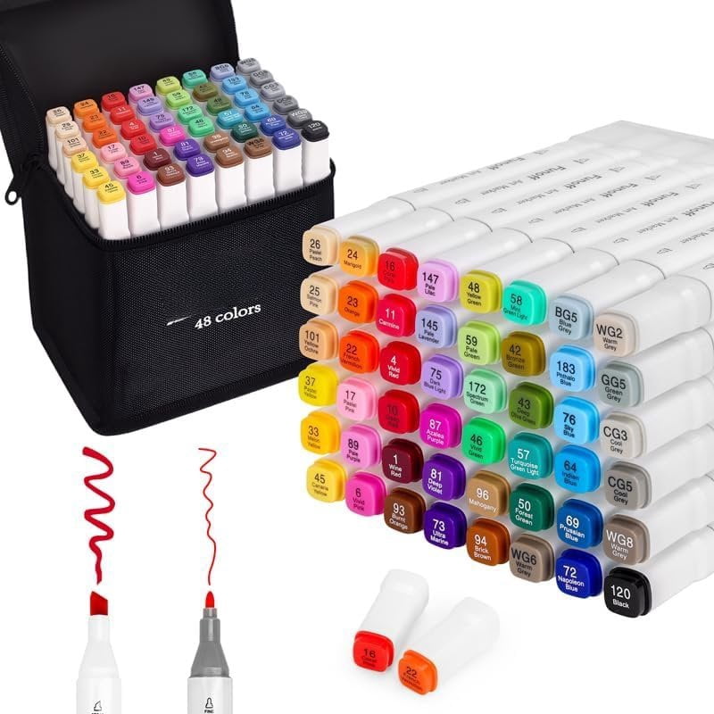 Markers, 48 Colors Fine & Chisel Dual Tip Art Markers, Permanent Sketch ...