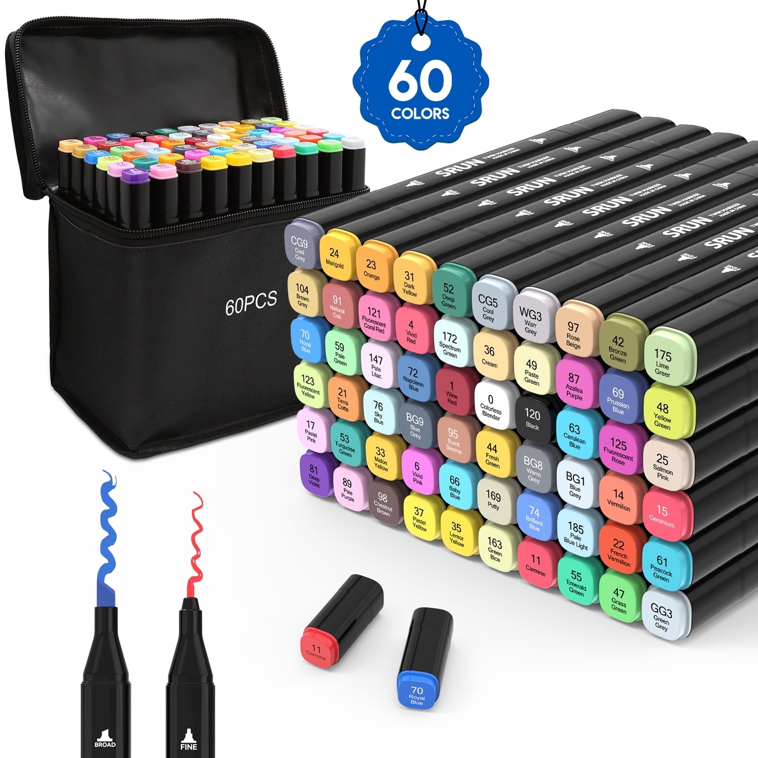 ASOVNXF Markers Set, 60 Colors Dual Tip Alcohol Markers, Fine Chisel ...