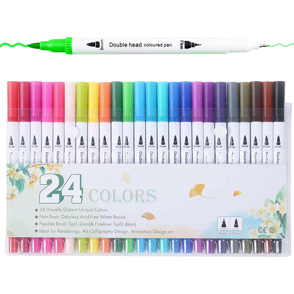 24 Colors Dual Brush Markers Pens Set for Drawing, Kids School Supplies ...