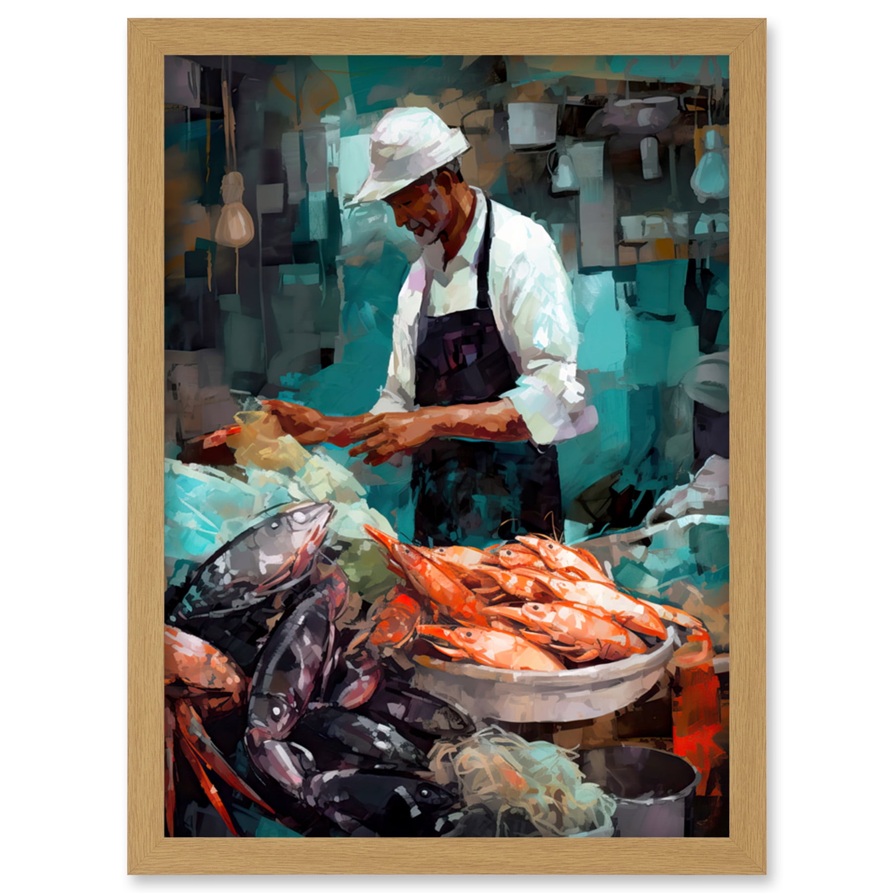 Market Fishmonger Selling Fresh Catch Seafood Artwork Framed Wall Art ...