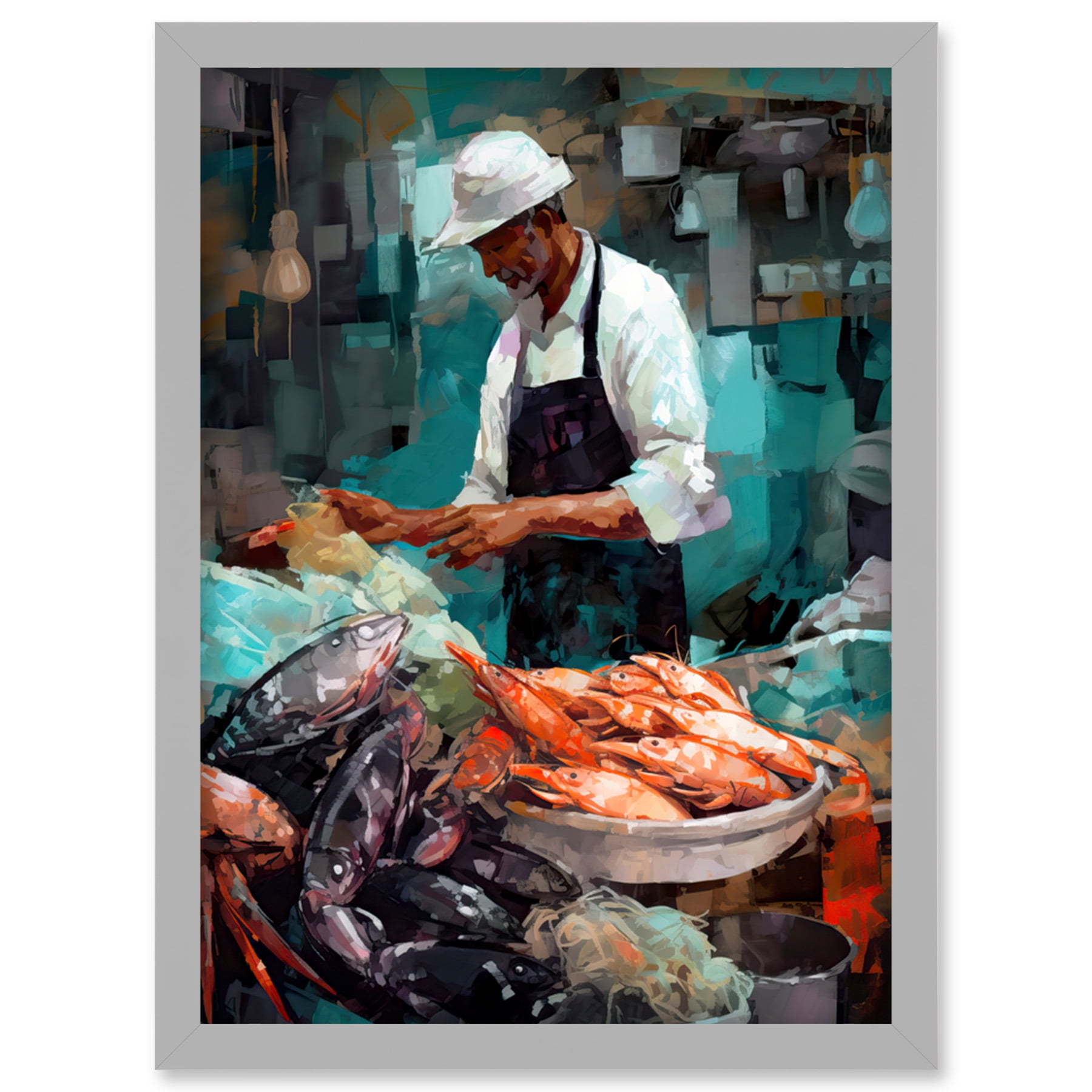 Market Fishmonger Selling Fresh Catch Seafood Artwork Framed Wall Art ...