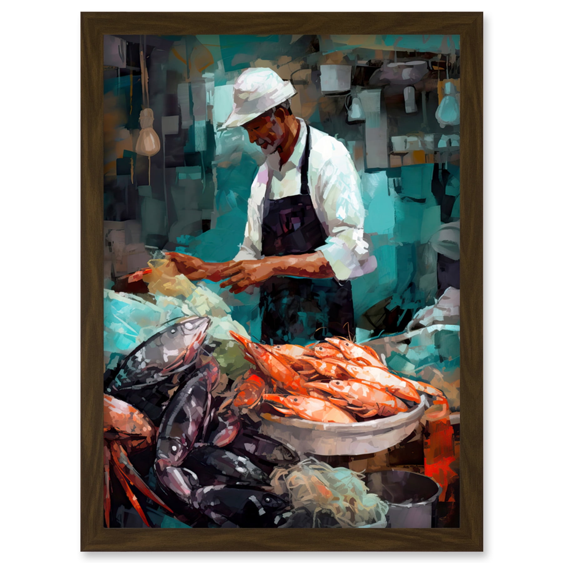Market Fishmonger Selling Fresh Catch Seafood Artwork Framed Wall Art ...