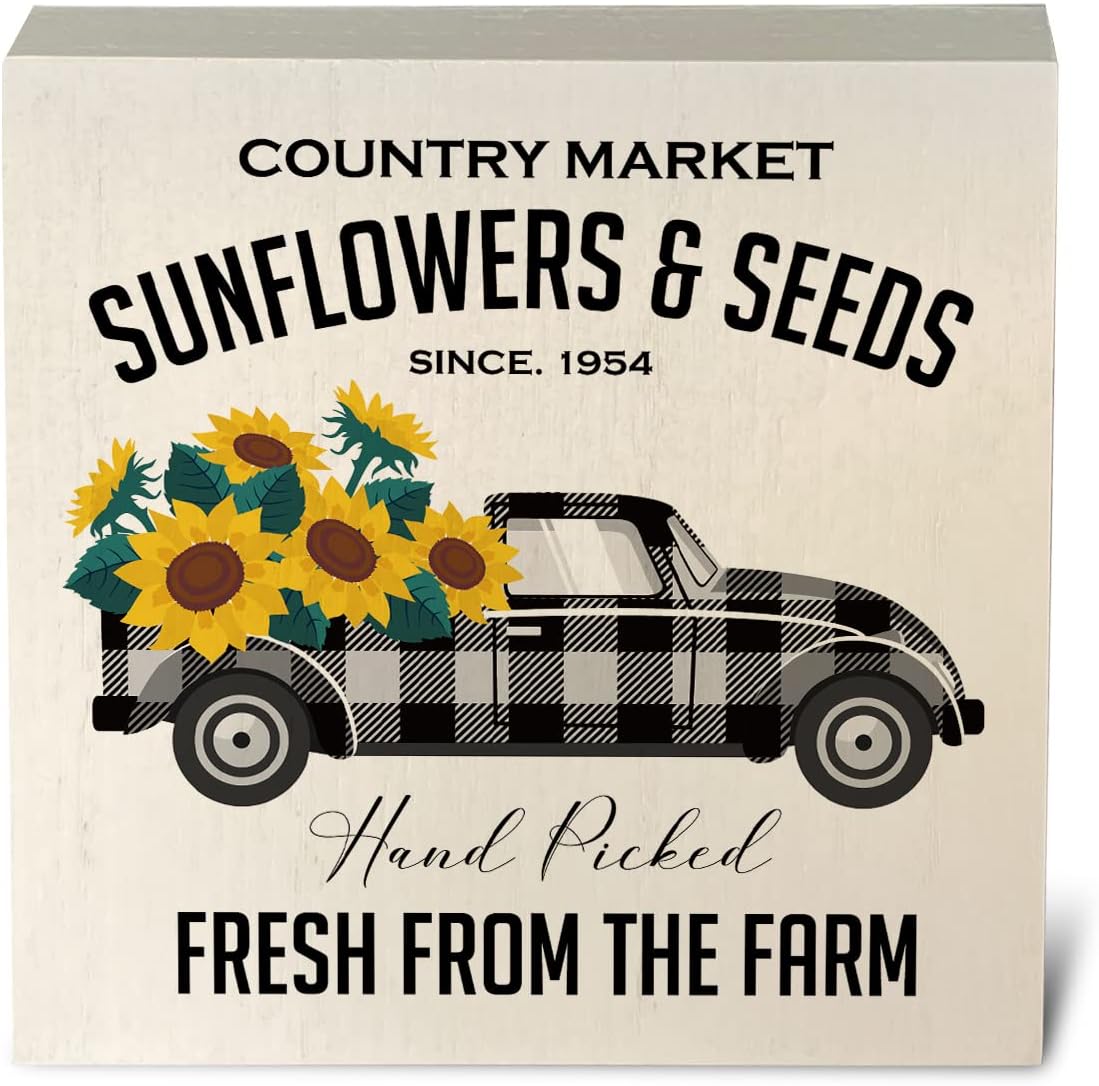 Market Sunflowers Wood Box Sign Rustic Farmhouse Style Black and White ...