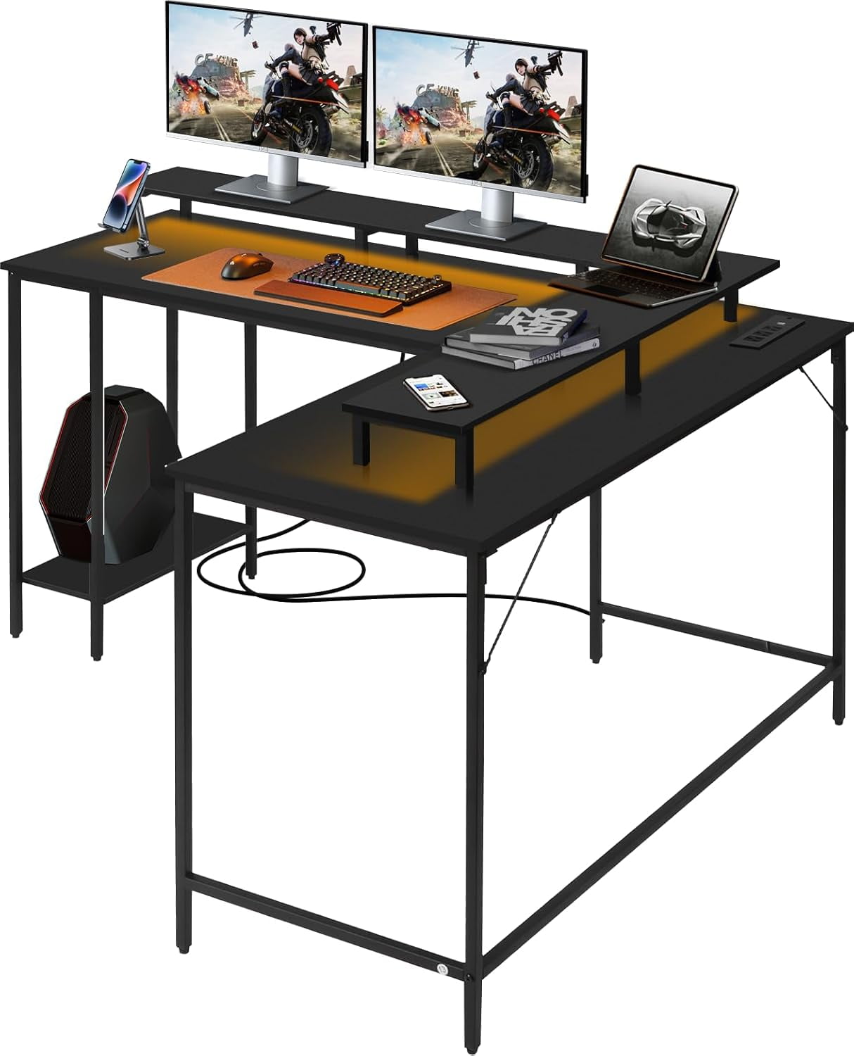 MarketLane 53.5" L Shaped Computer Desk Gaming Desk with LED Lights and ...