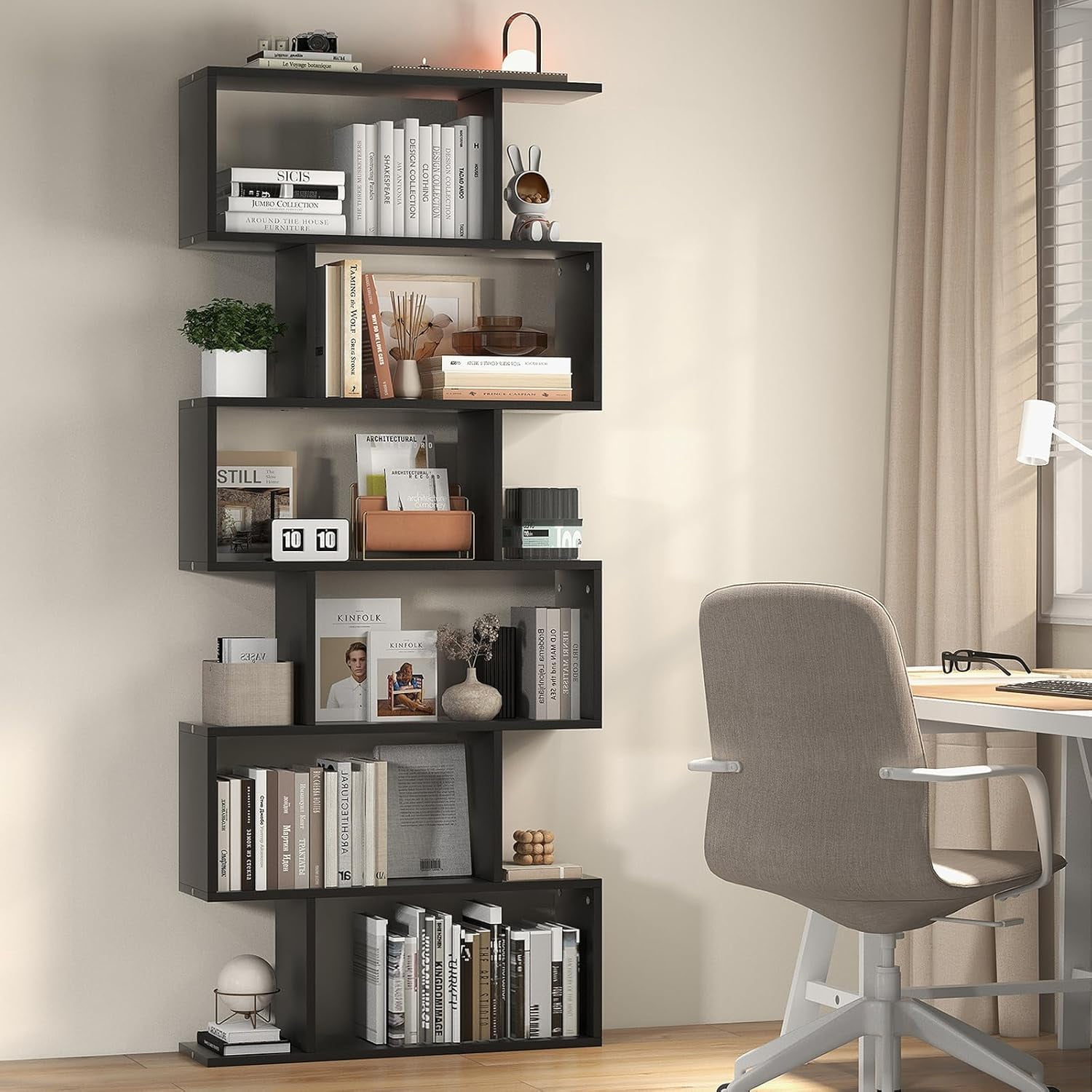 6 Tier Geometric Bookshelf, Book Shelf Room Divider, S-Shaped Modern ...