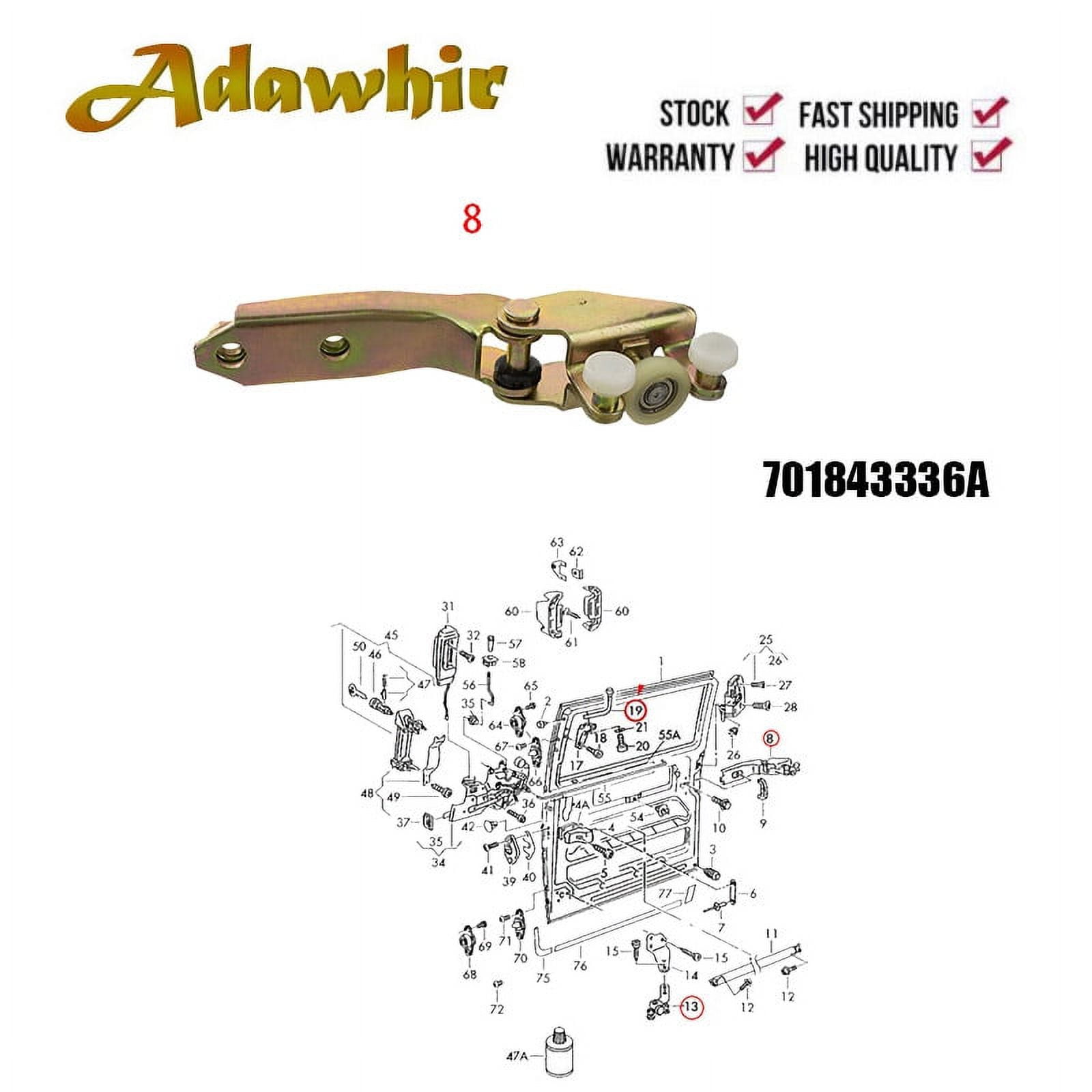 Marketside Door Center Roller Guide Hinge Right, 701843336A, VW ...