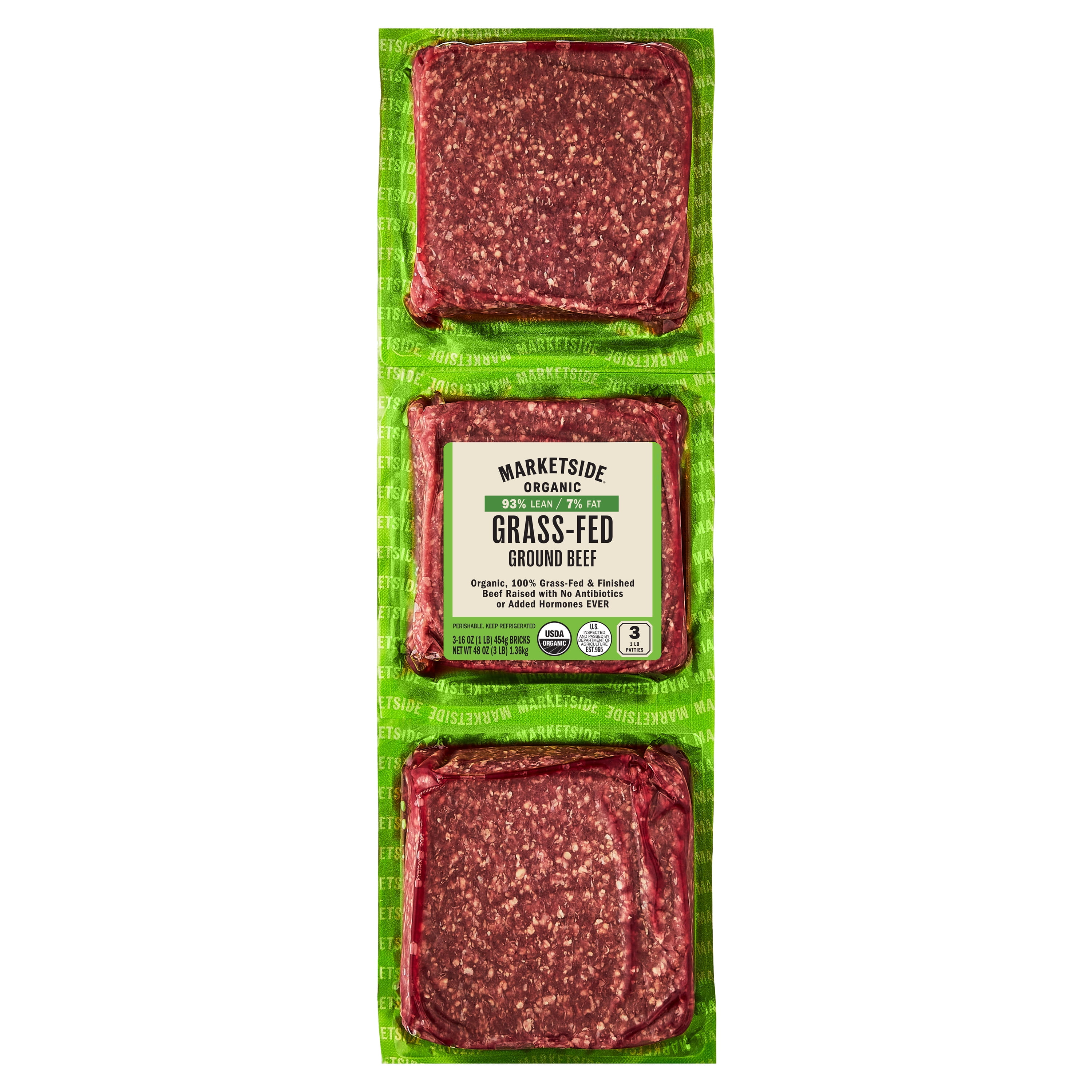 Marketside Organic Grass-Fed Ground Beef, 93% Lean/ 7% Fat, 1 lb, 3 ...