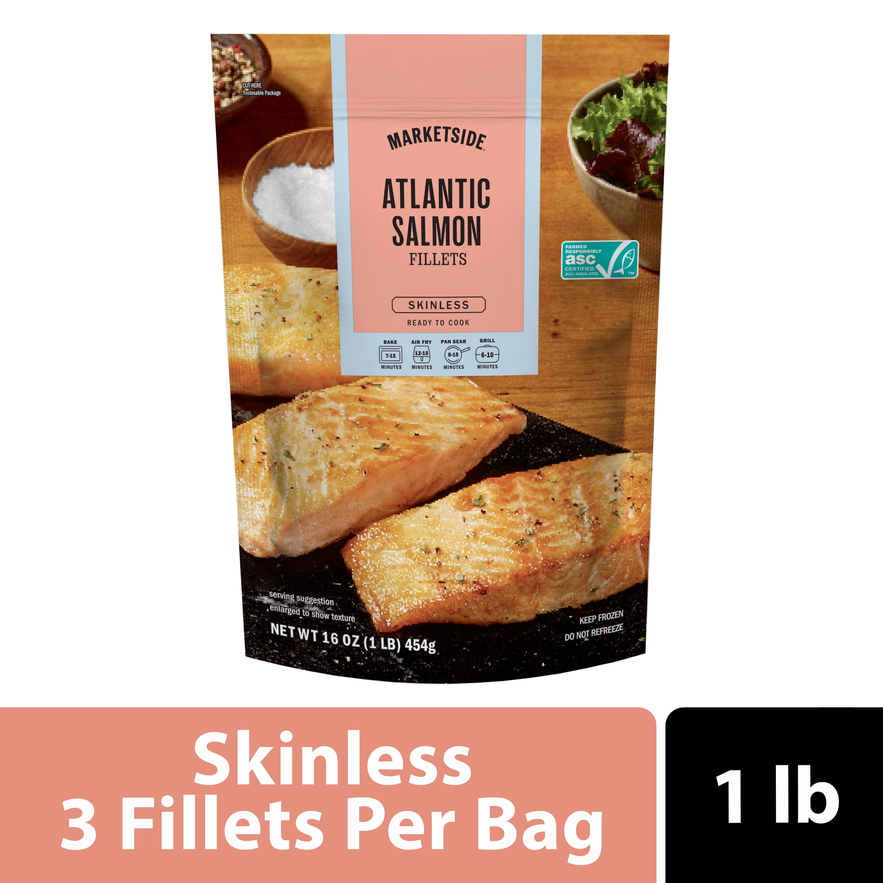 Marketside Skinless Atlantic Salmon Portions, 1 lb, Frozen Fish, Rich ...
