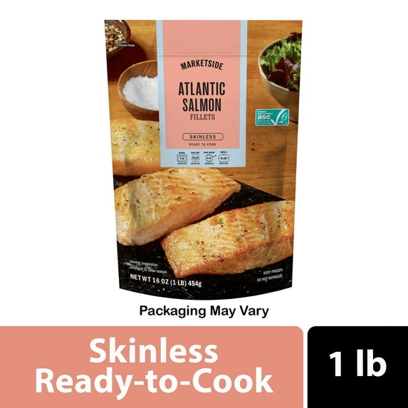 Marketside Skinless Atlantic Salmon Portions, 1 lb, Frozen Fish, Rich ...