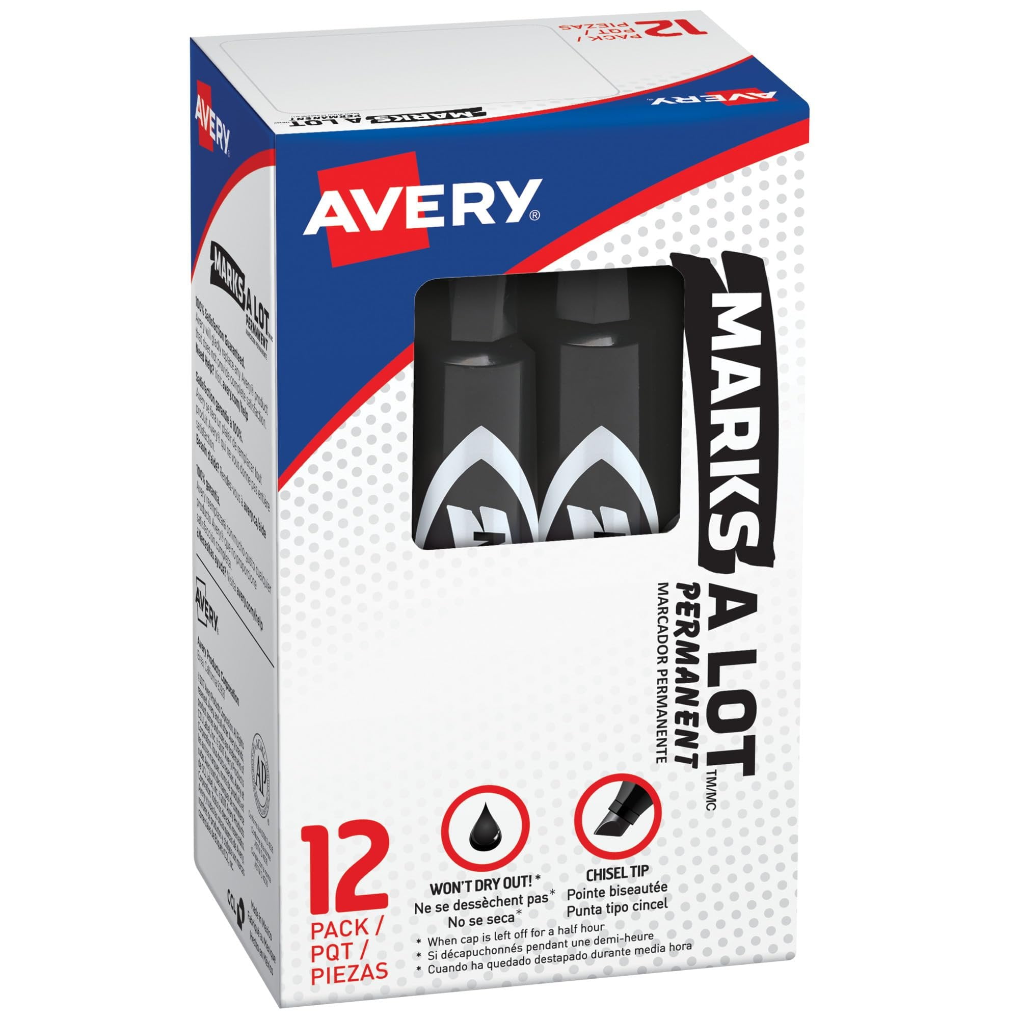 Marks-a-lot Avery Permanent Marker, Regular Chisel Tip, Black 07888, 12 ...