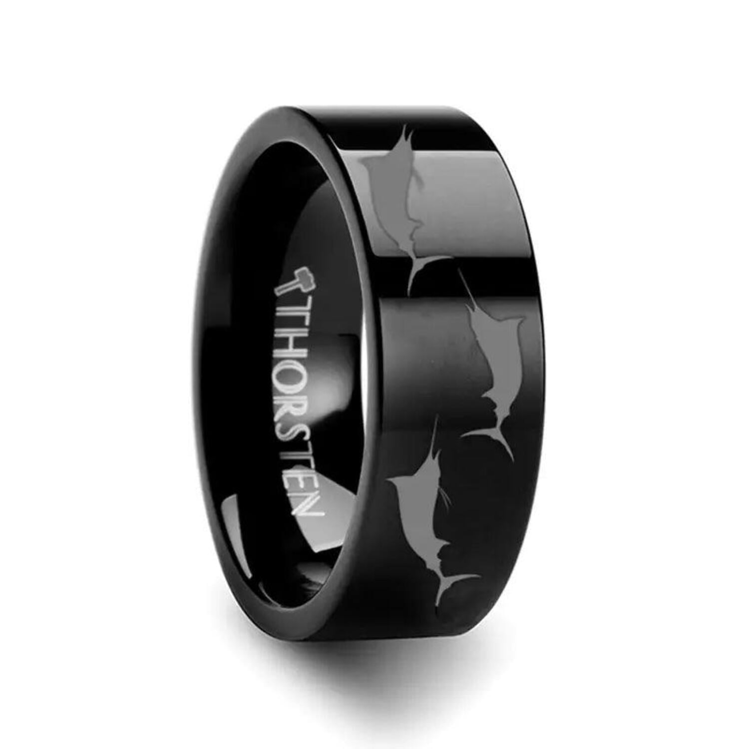 Marlin Fish Sea Print Pattern Ring Engraved Flat Black Tungsten Ring ...