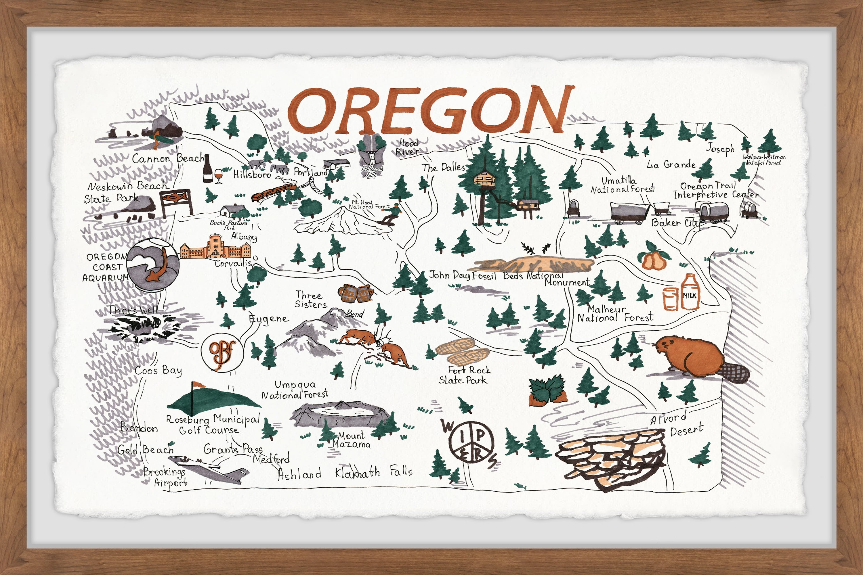 Marmont Hill Illustrated Map of Oregon State Landmarks Framed Wall Art ...