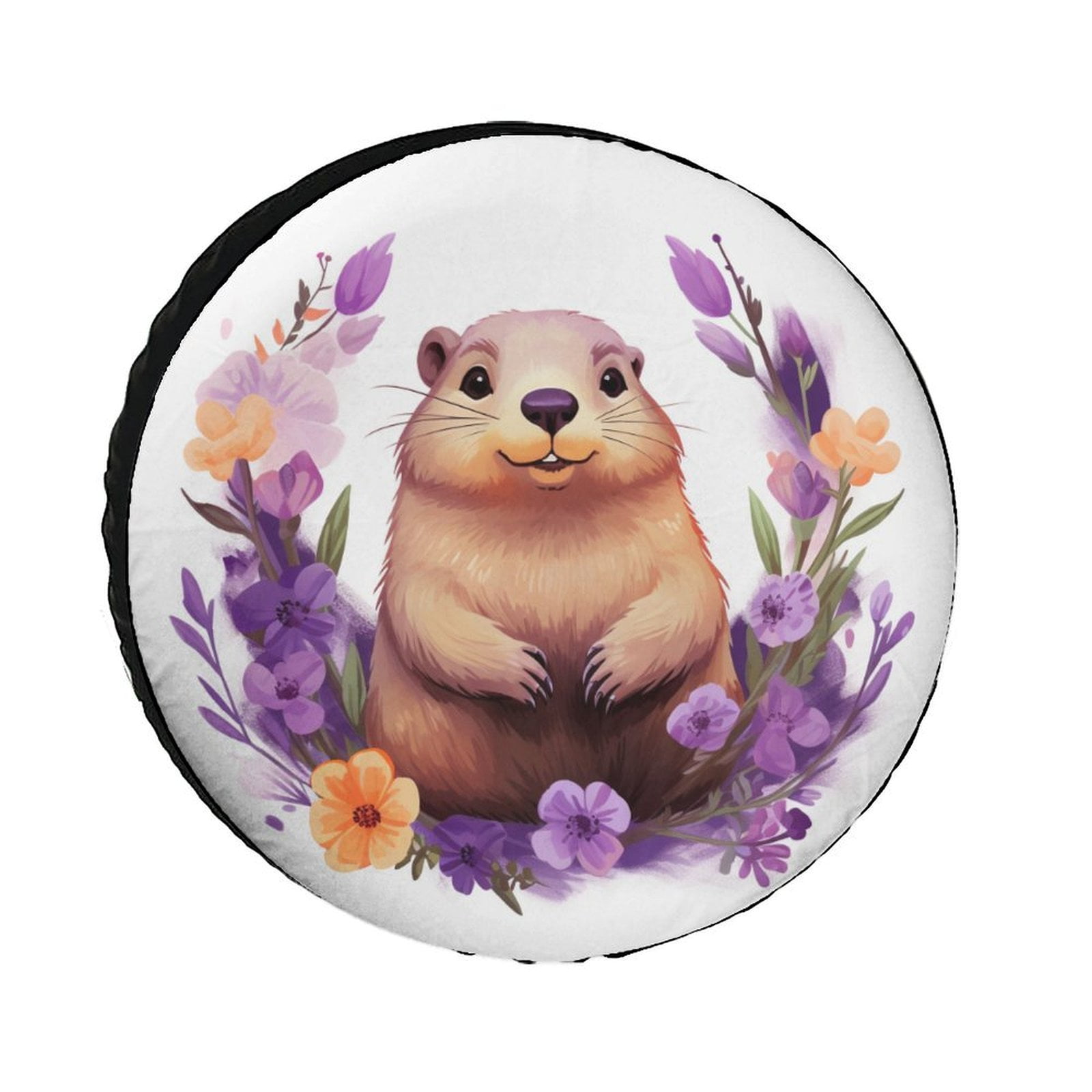Marmot, Groundhog Animal with Purple Floral Camping Spare Tire Cover ...