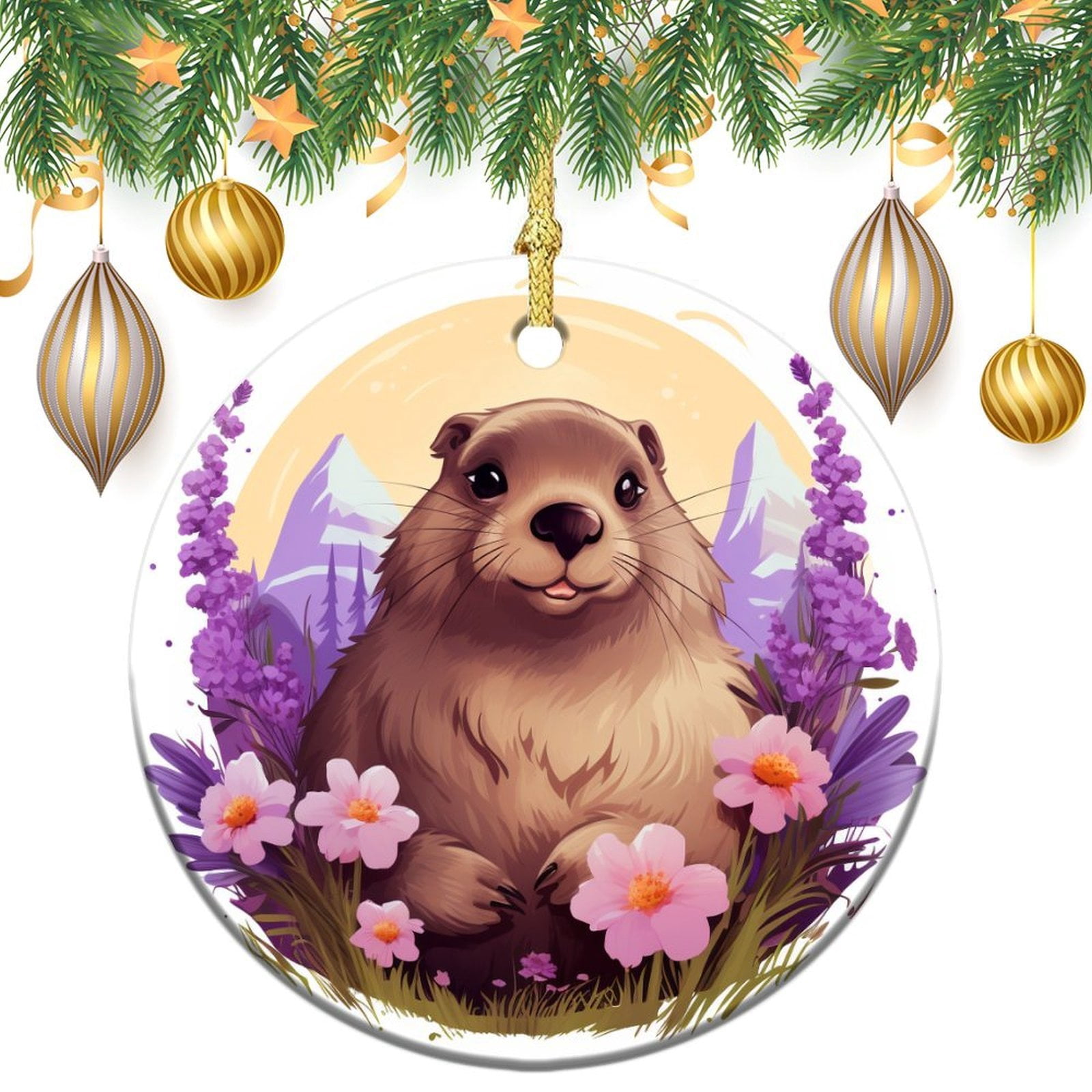 Marmot, Groundhog Animal with Purple Floral Christmas Ornament Cute ...