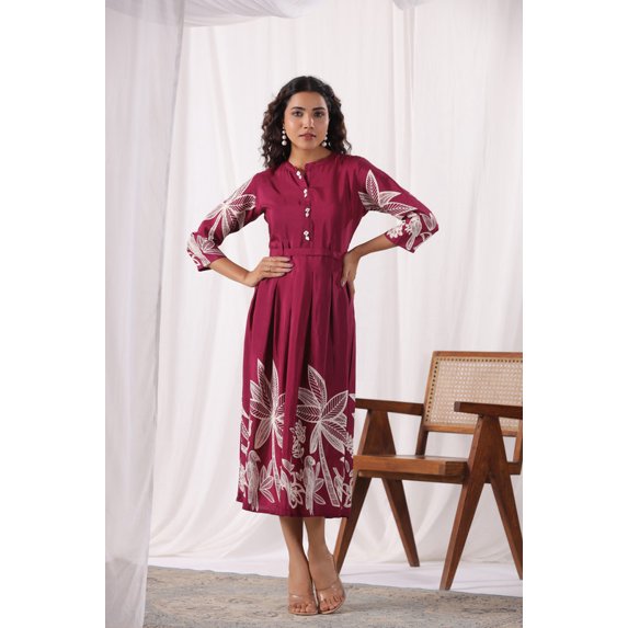 Maroon Base With Cream Color Bold Flower Motif Midi Dress - Walmart.com