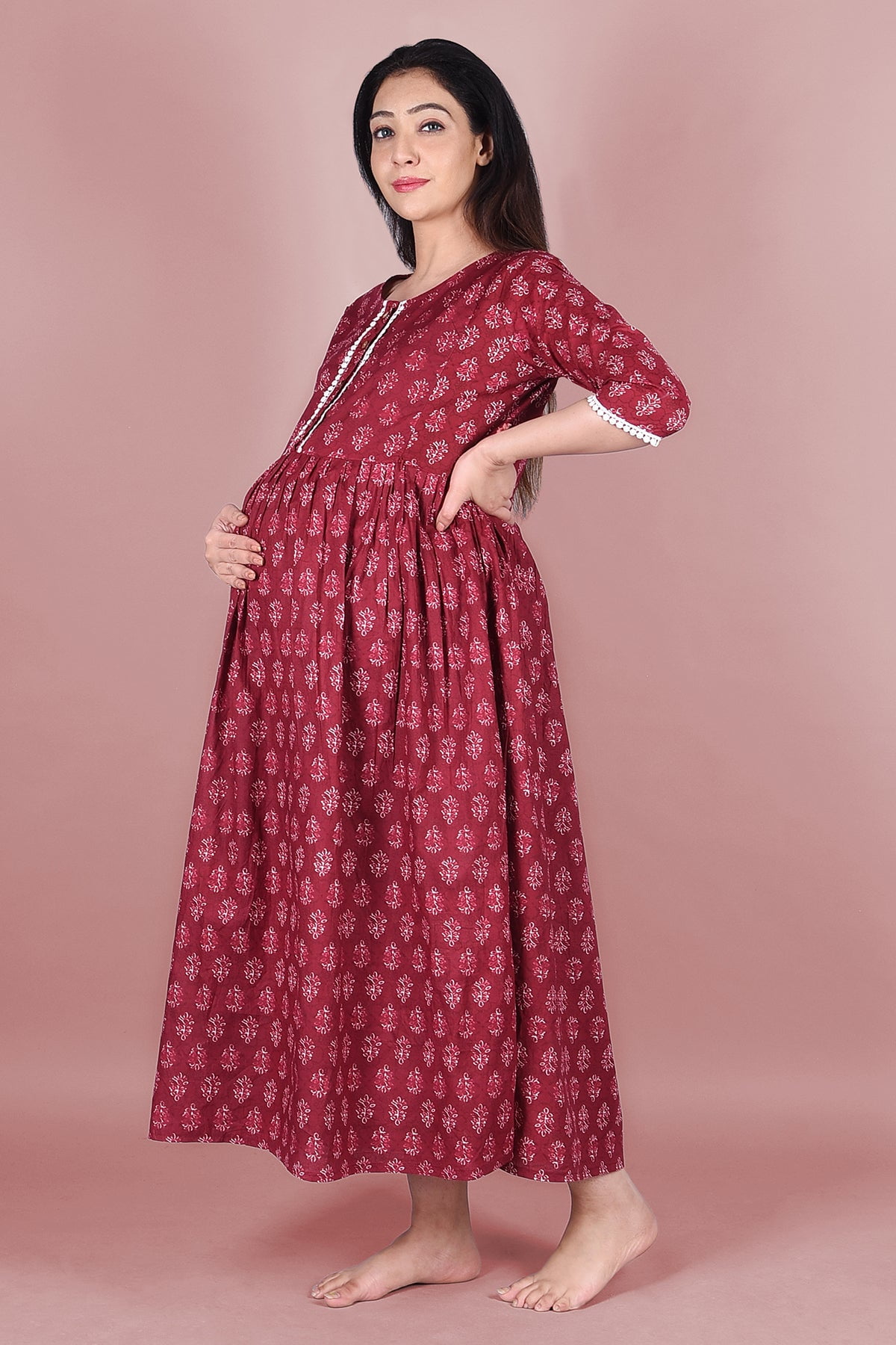 Maroon Block Printed Maternity Dress - Walmart.com
