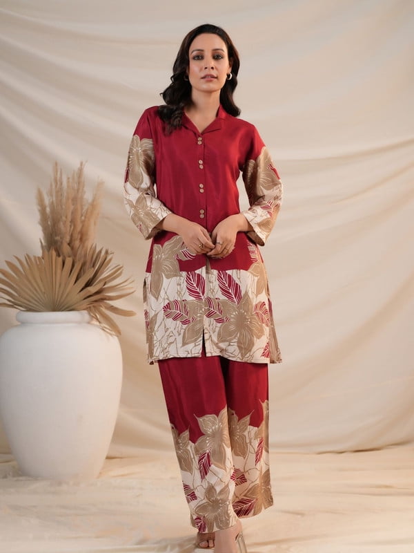 Maroon Bold Floral Printed Russian Silk Co-ord Set - Walmart.com