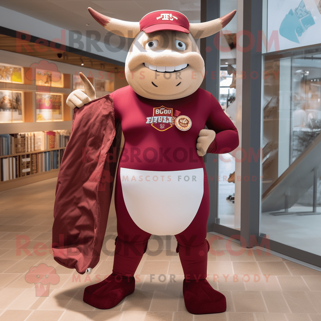 Maroon Bull REDBROKOLY mascot costume character dressed with a One ...
