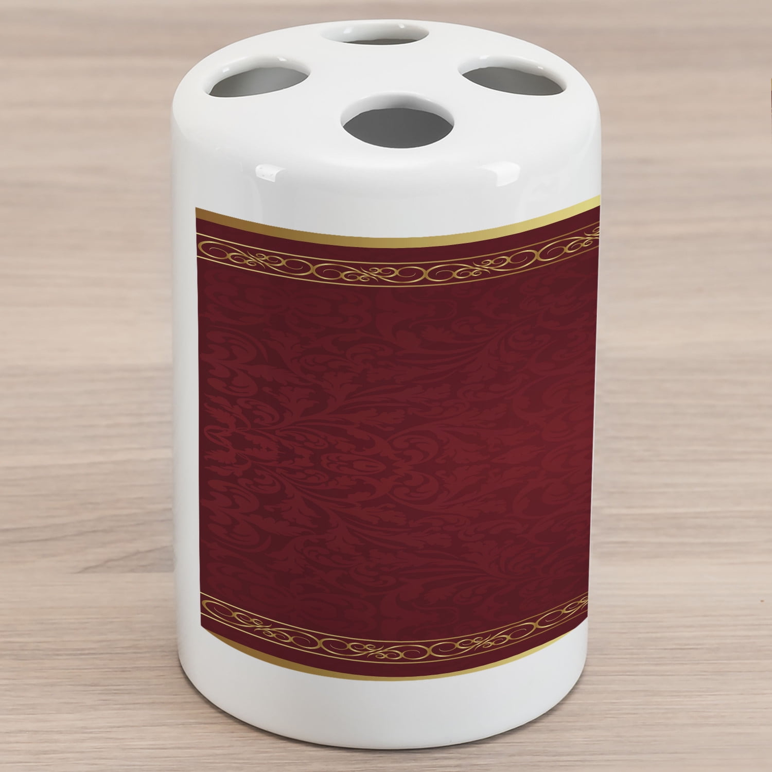 Maroon Ceramic Toothbrush Holder, Baroque Style Swirling Ornaments with ...