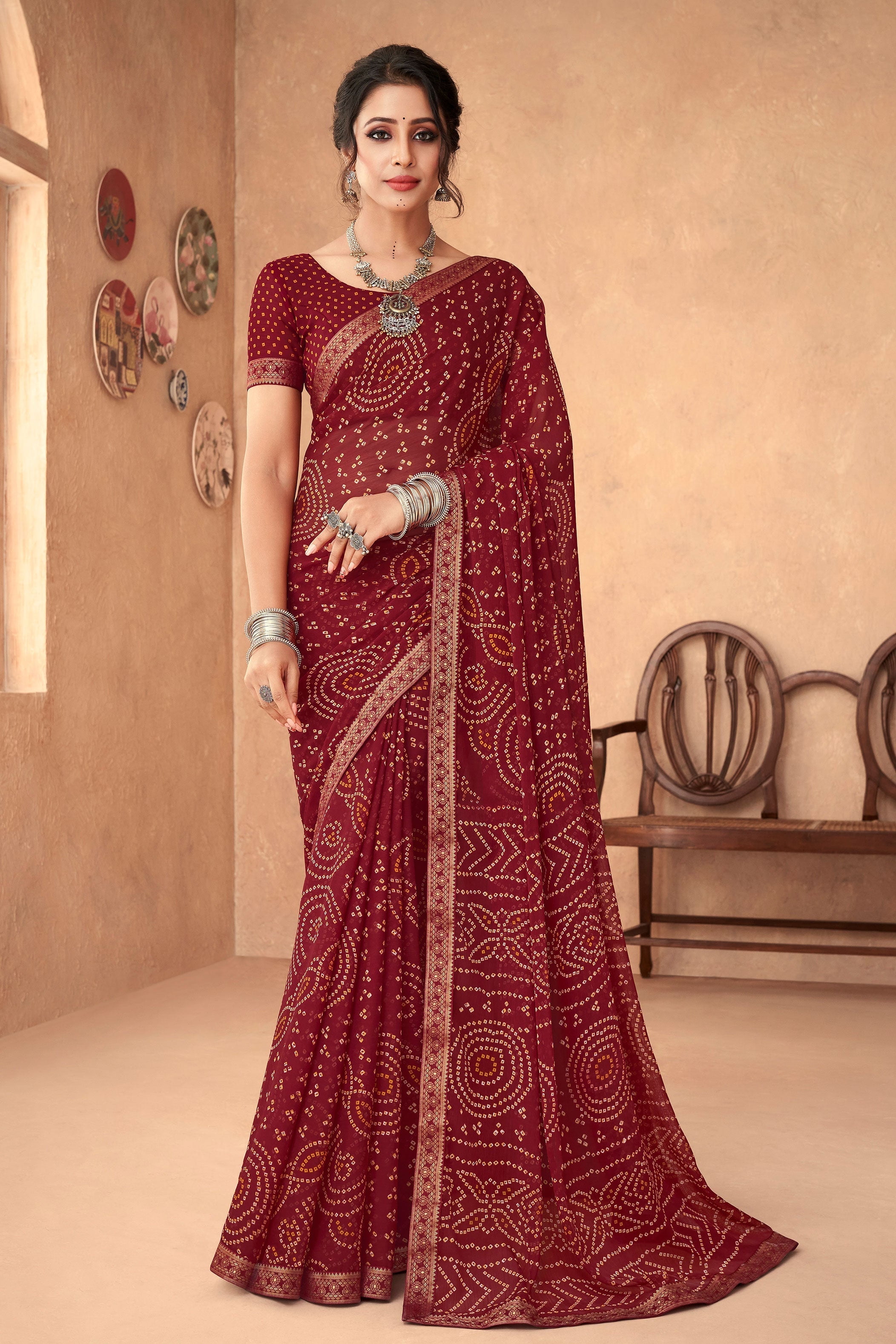 Maroon Chiffon Printed Bandhani Saree - Walmart.com