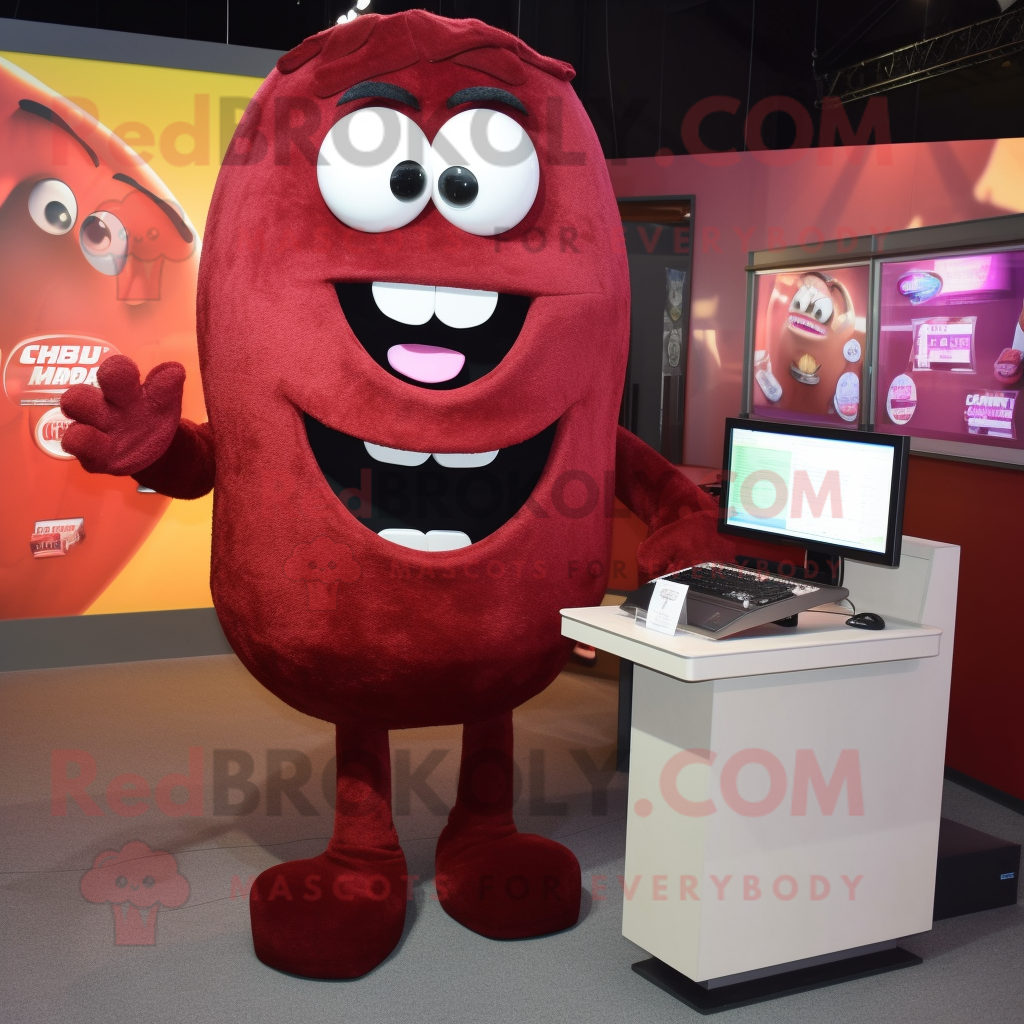 Maroon Computer REDBROKOLY mascot costume character dressed with a ...