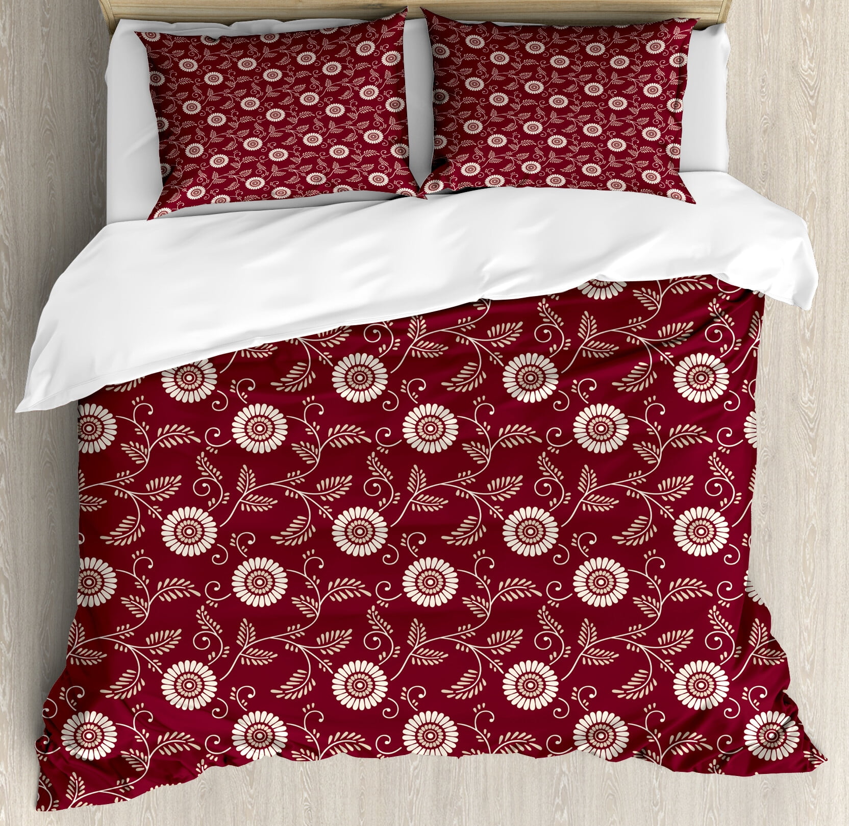Maroon Duvet Cover Set, Repetitive Vintage Bicolor Floral Daisy Leaves ...