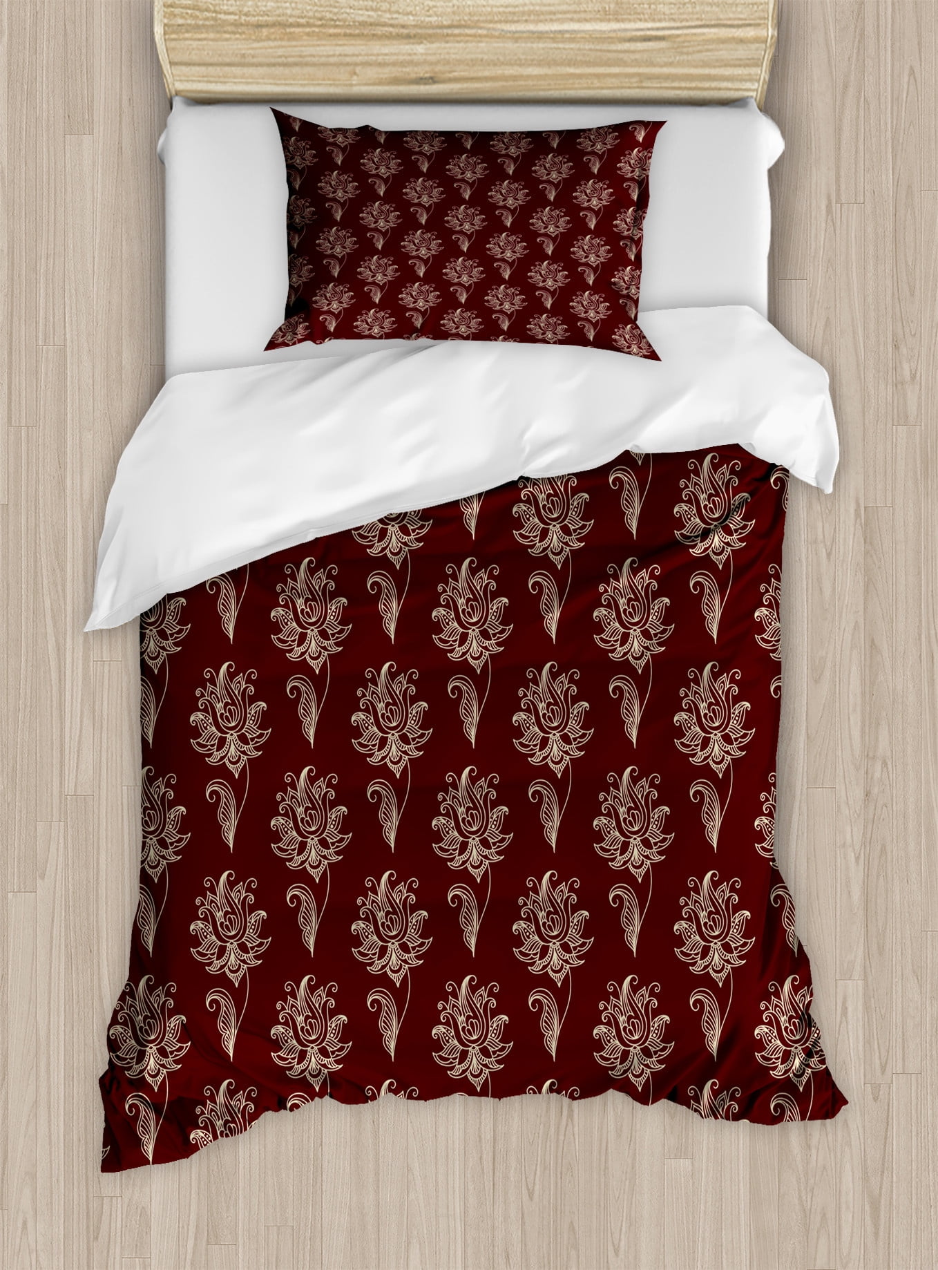 Maroon Duvet Cover Set, Rhythmic Paisley Design Antique Damask Style ...